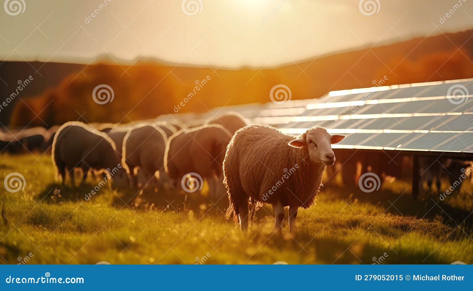 Sheep Grazing in the Evening Sun in Front of Solar Panels2 Stock ...