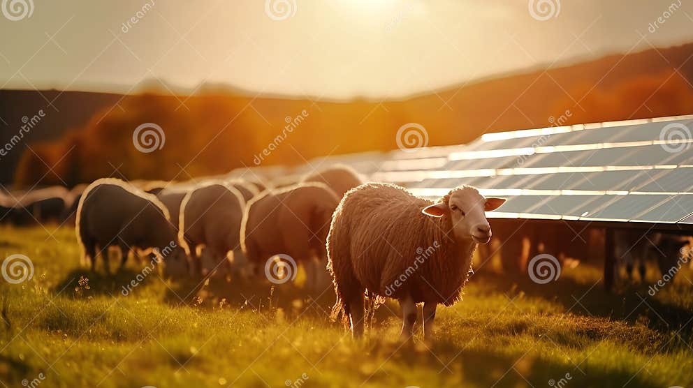Sheep Grazing in the Evening Sun in Front of Solar Panels2 Stock ...