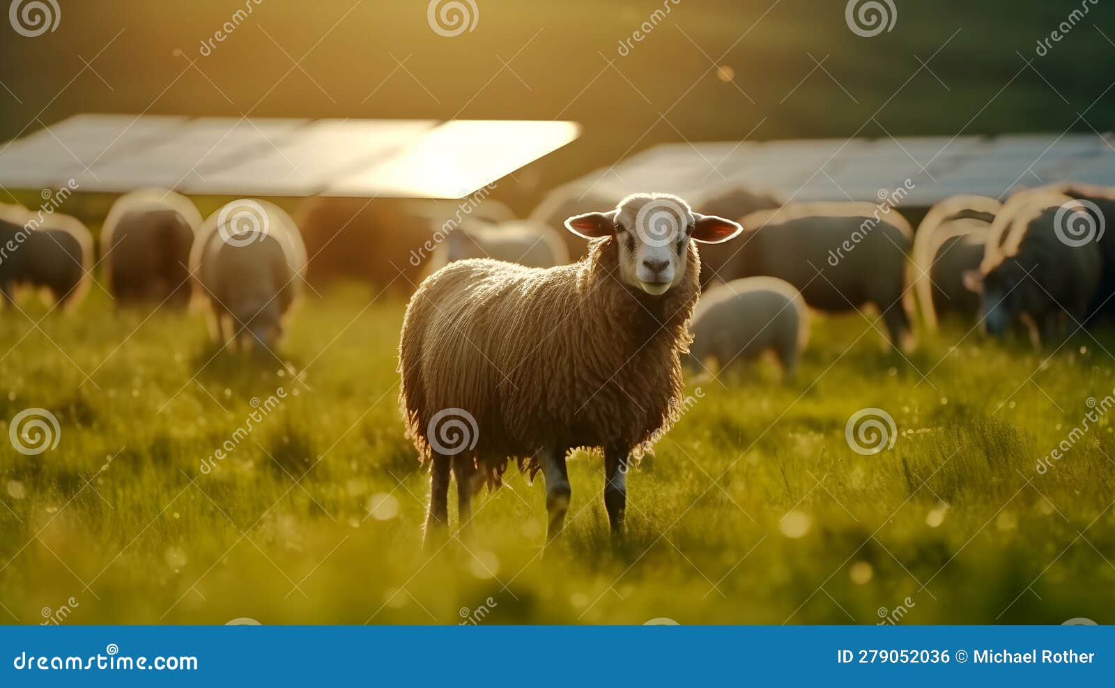 Sheep Grazing in the Evening Sun in Front of Solar Panels Stock ...