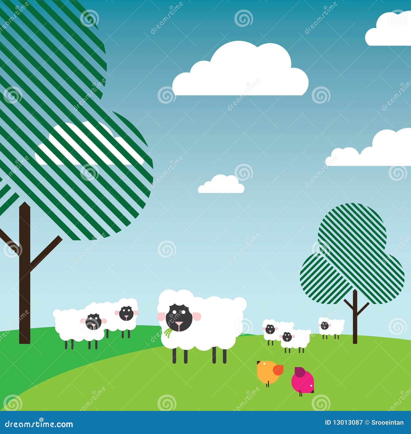 Sheep Grazing On Farmland Cartoon Poster Vector Illustration ...