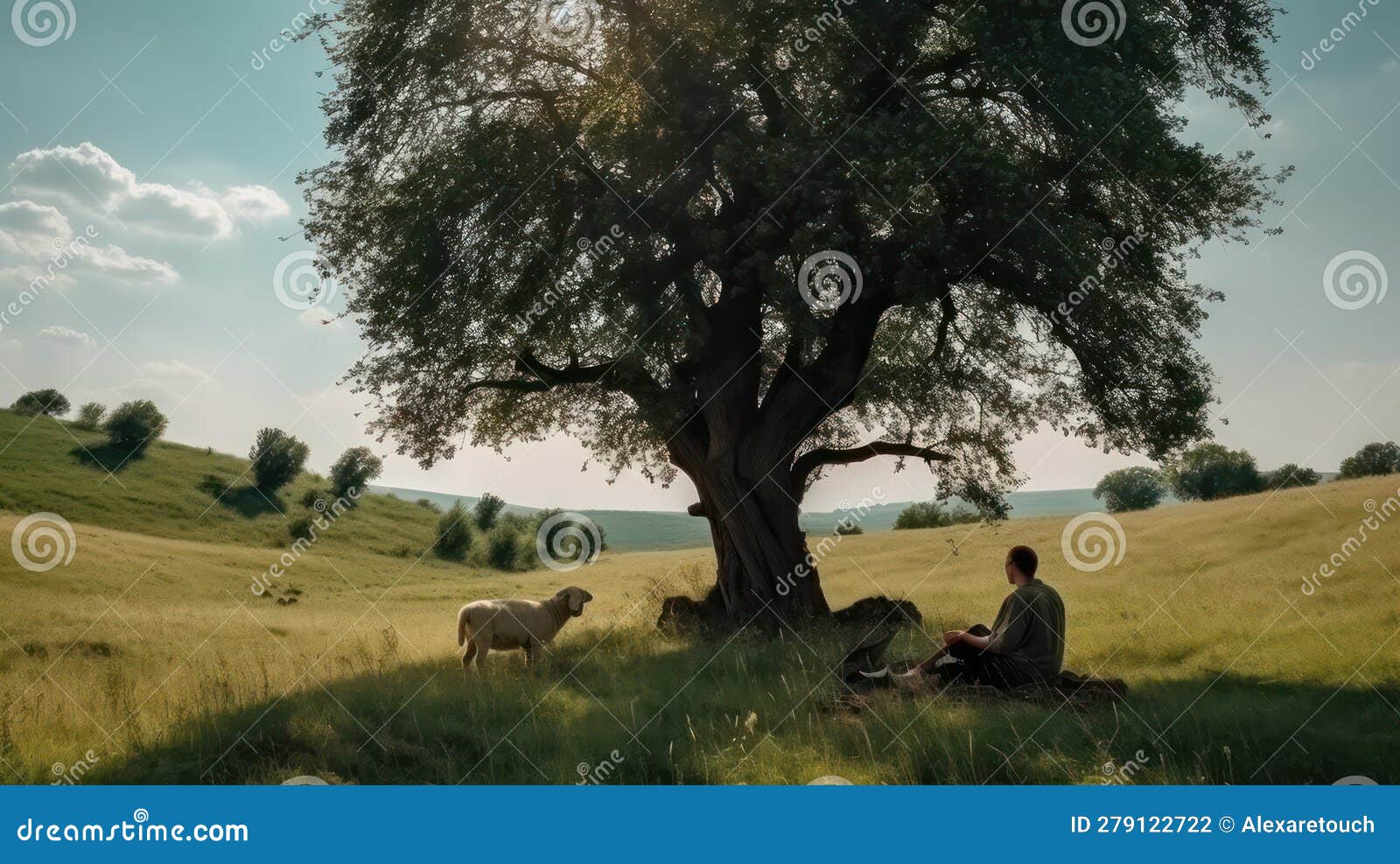 Sheep Grazing Under a Tree in a Farm Meadow Stock Illustration ...