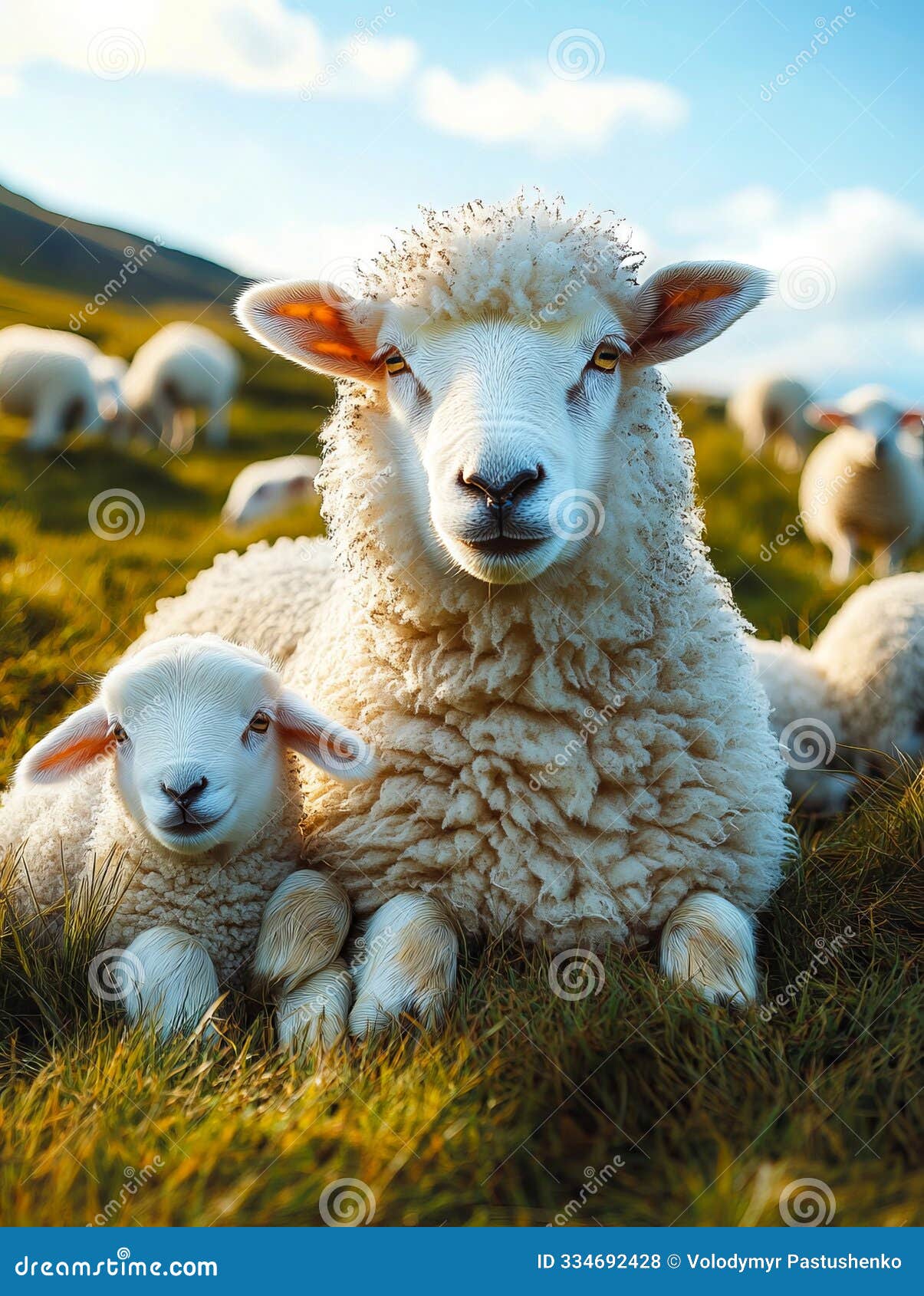 A Sheep and Her Lamb Laying in a Grassy Field Stock Photo - Image of ...