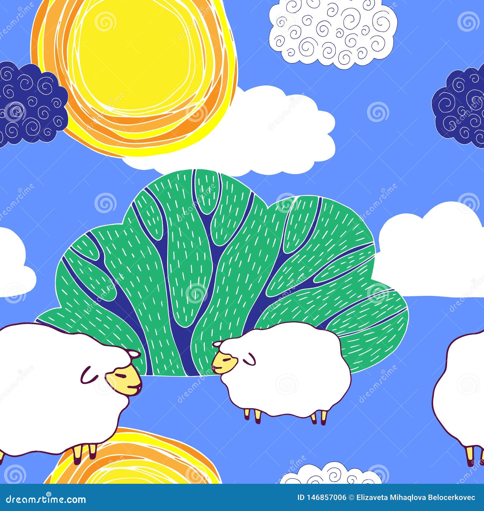 SHEEP HERD GRAZING on BEAUTIFUL HILL. Seamless Pattern. Vector Image ...