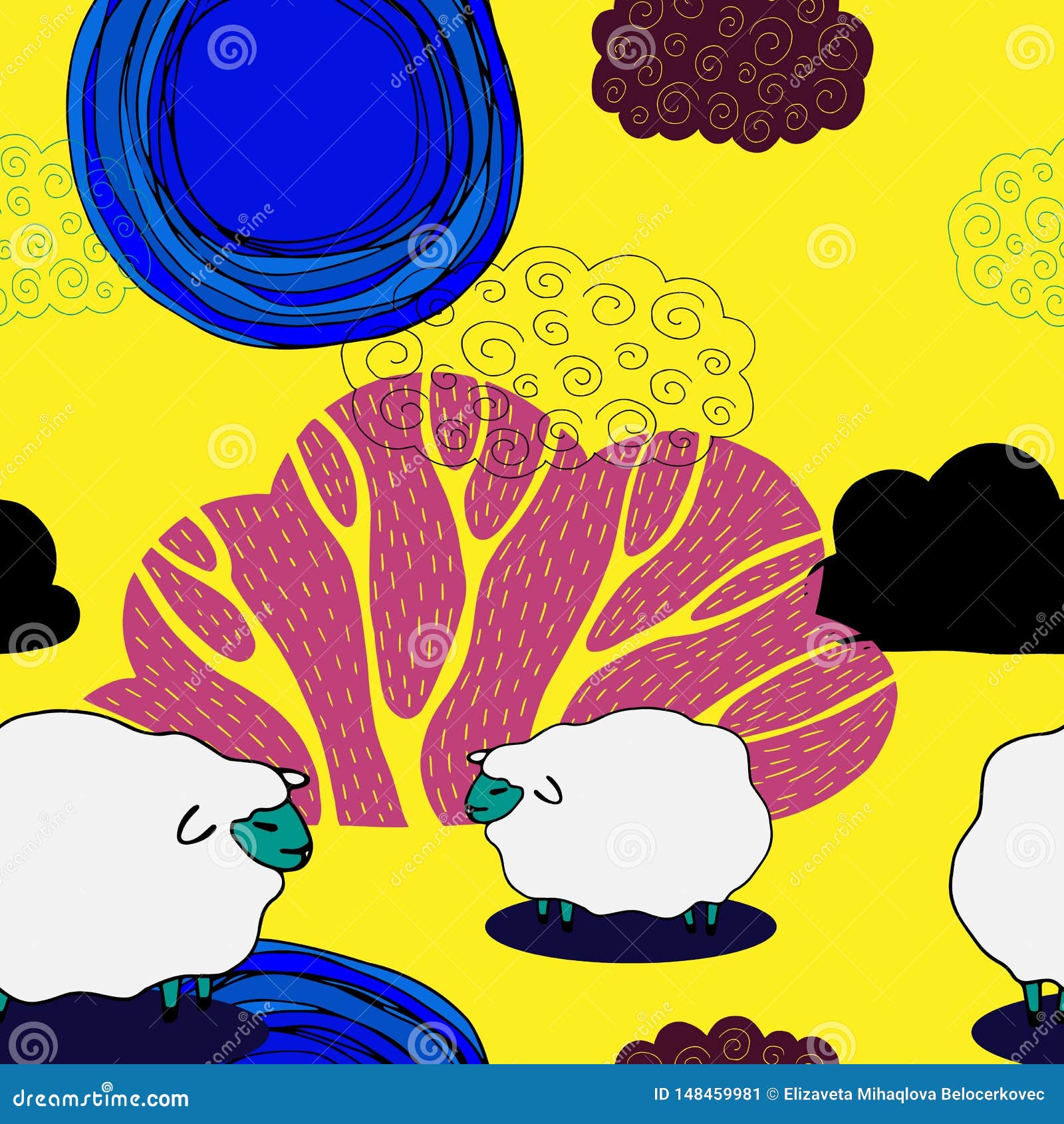 SHEEP HERD GRAZING on BEAUTIFUL HILL. Seamless Pattern. Vector Image ...