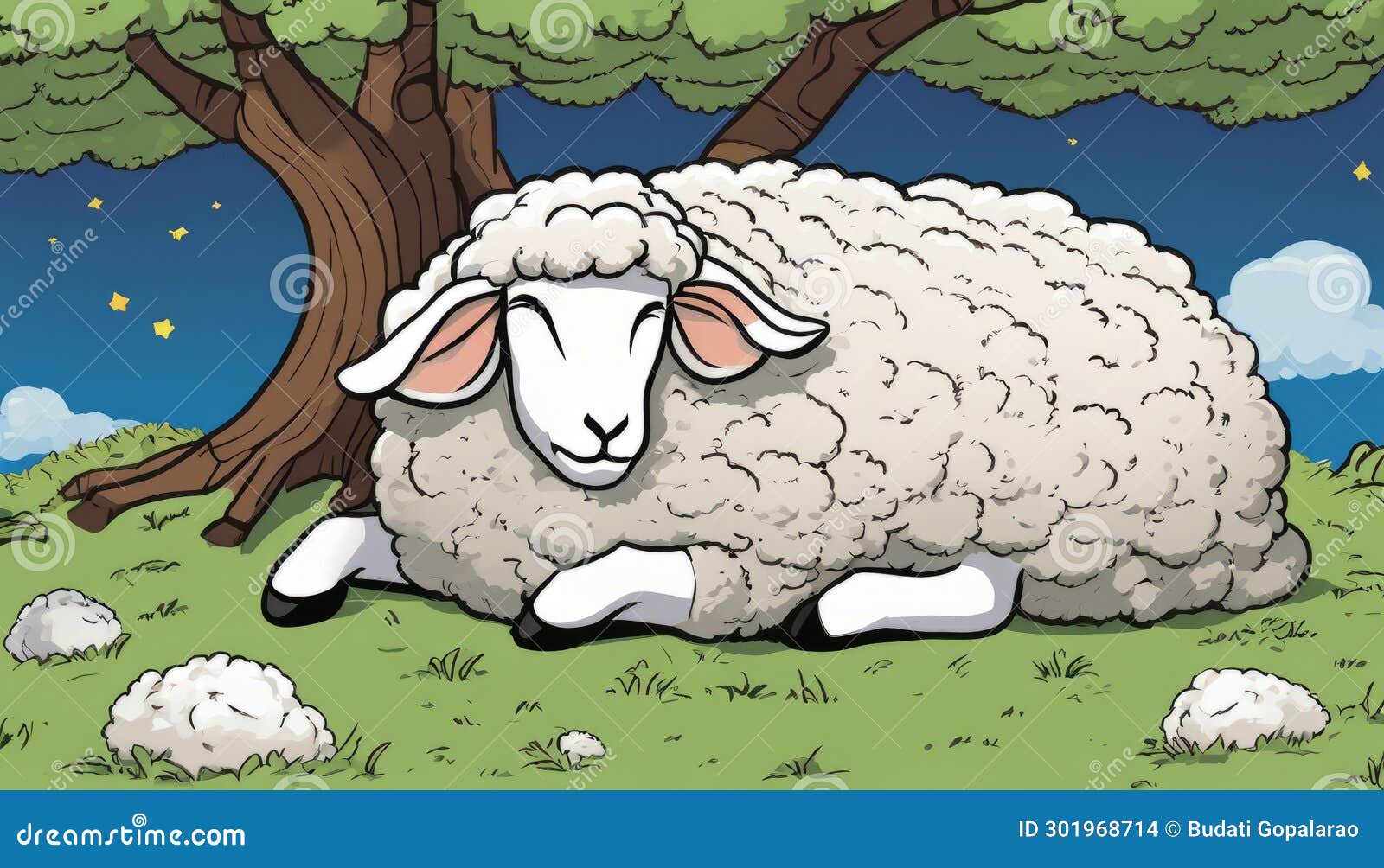 A Sheep is Laying Down Under a Tree Stock Illustration - Illustration ...