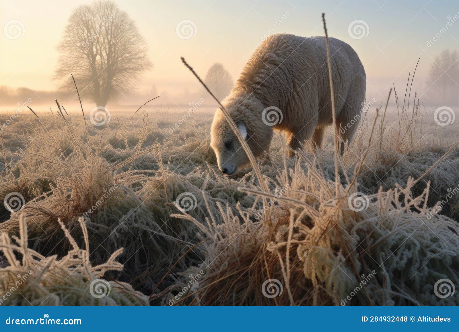 Sheep Nibbling on Frosty Grass in a Field Stock Photo - Image of ...