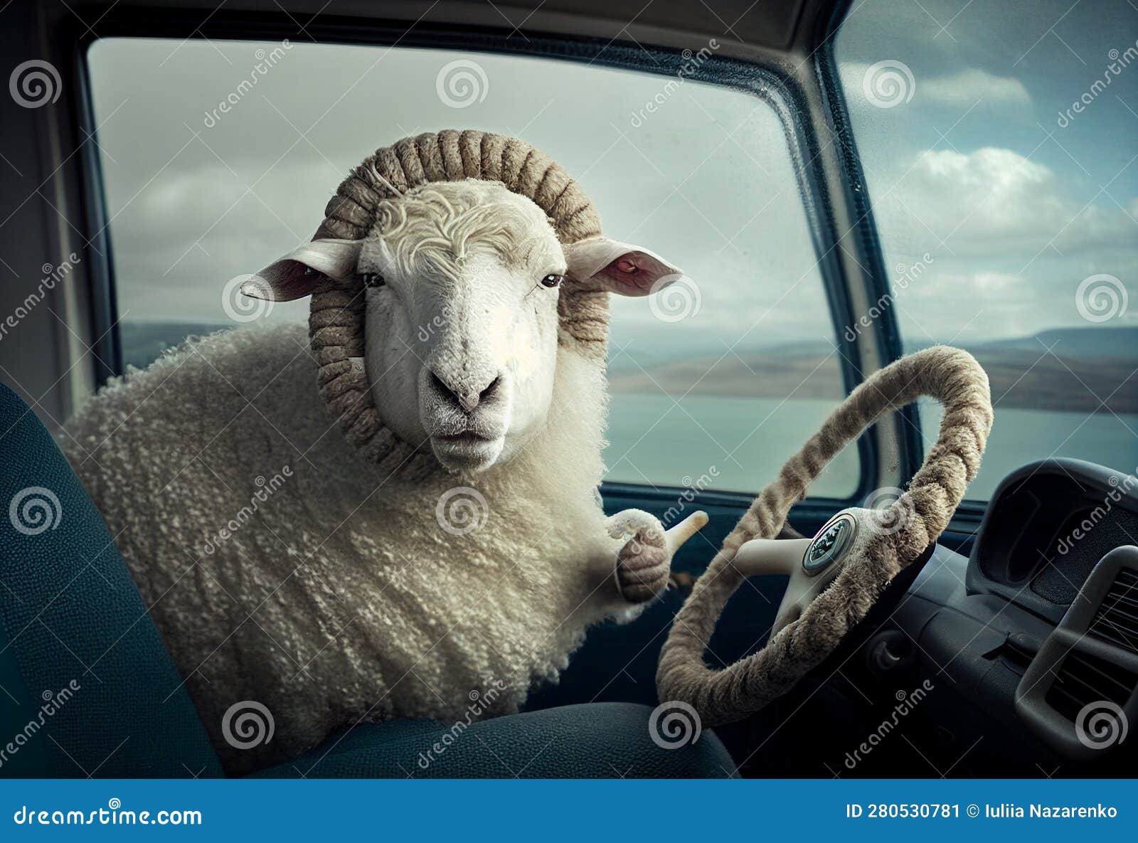 Sheep Sitting Behind the Wheel of a Car. AI Generated Stock ...