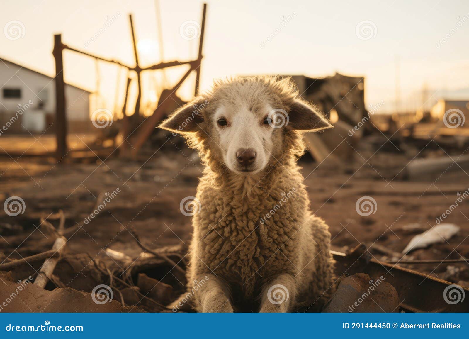A Sheep is Sitting on the Ground in Front of a Destroyed Building Stock ...