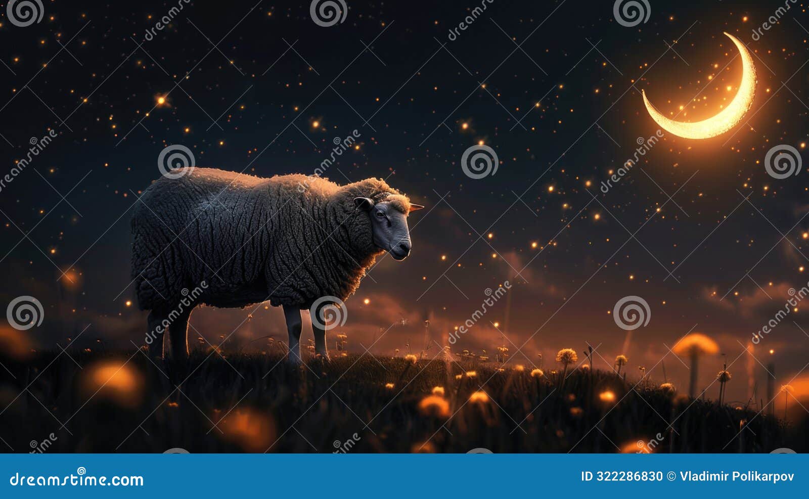 A Sheep Standing in a Field Under the Stars Stock Photo - Image of ...