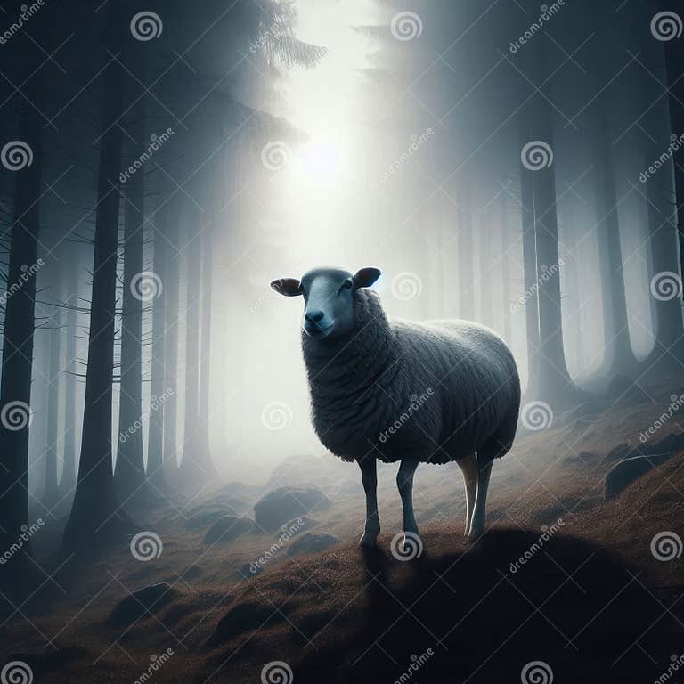 A Sheep Standing in the Mist of the Forest Against the Background of ...