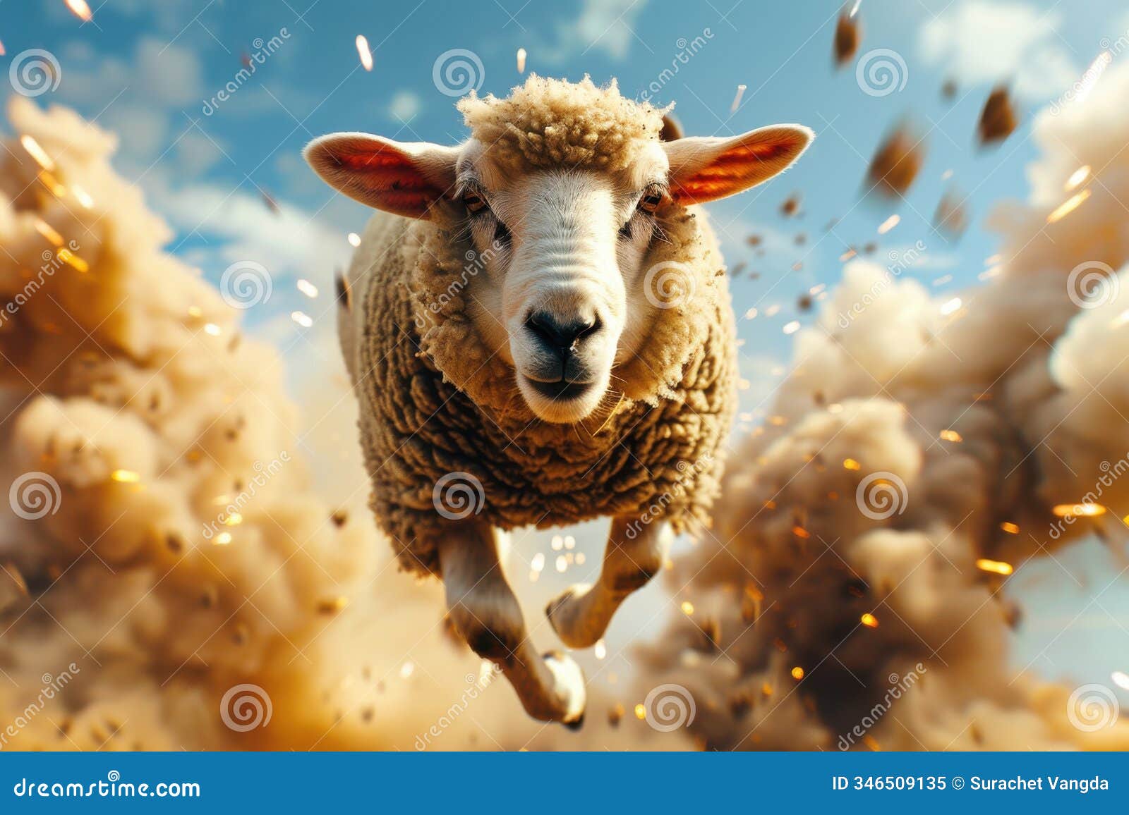 Sheep in Superhero Pose Amidst Dramatic Explosions Stock Illustration ...