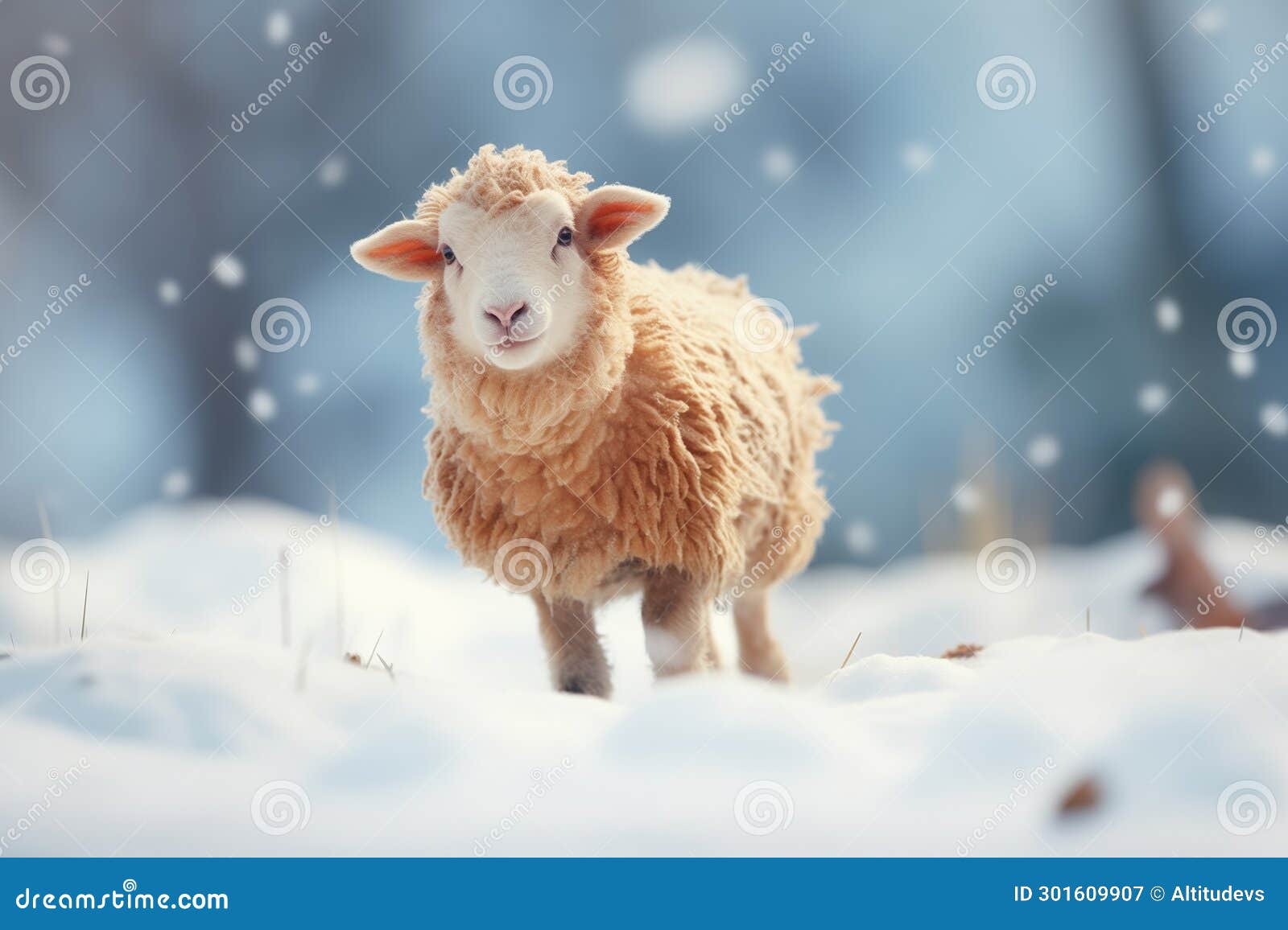 Sheep with Thick Wool Standing in Falling Snow Stock Image - Image of ...