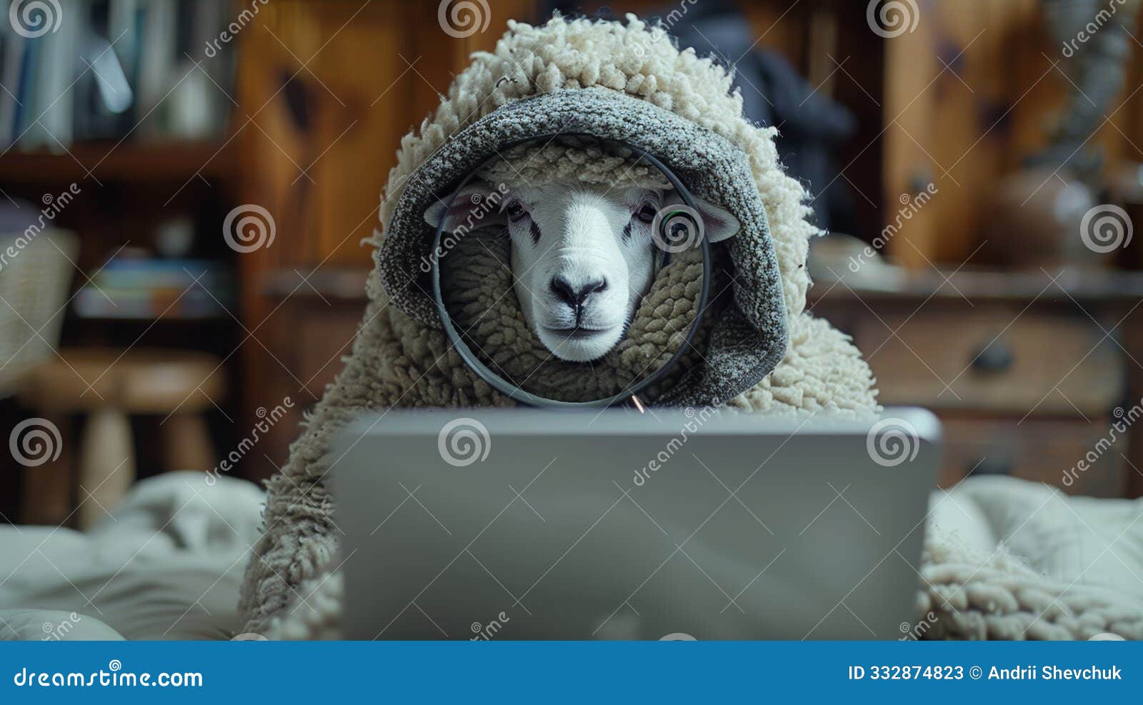 Sheep Using a Magnifying Glass in Front of a Laptop Computer Stock ...
