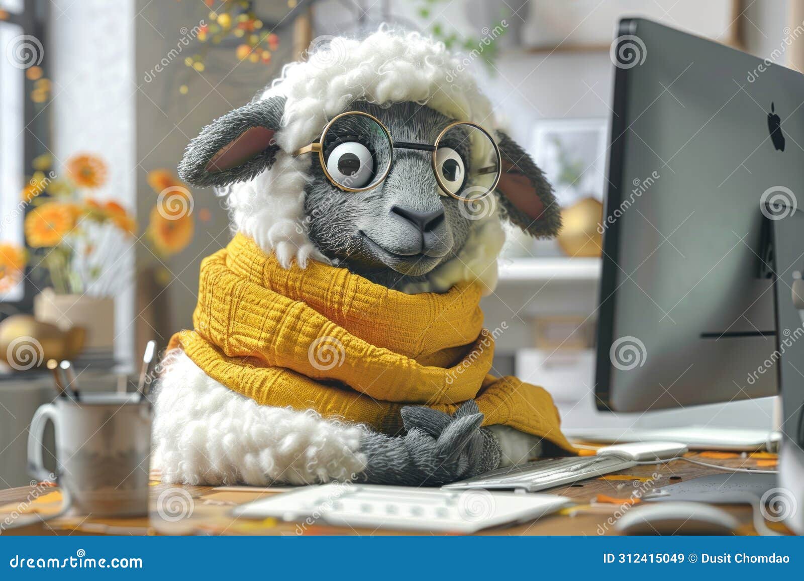 A Sheep Wearing Glasses Using Computer Stock Image - Image of crochet ...