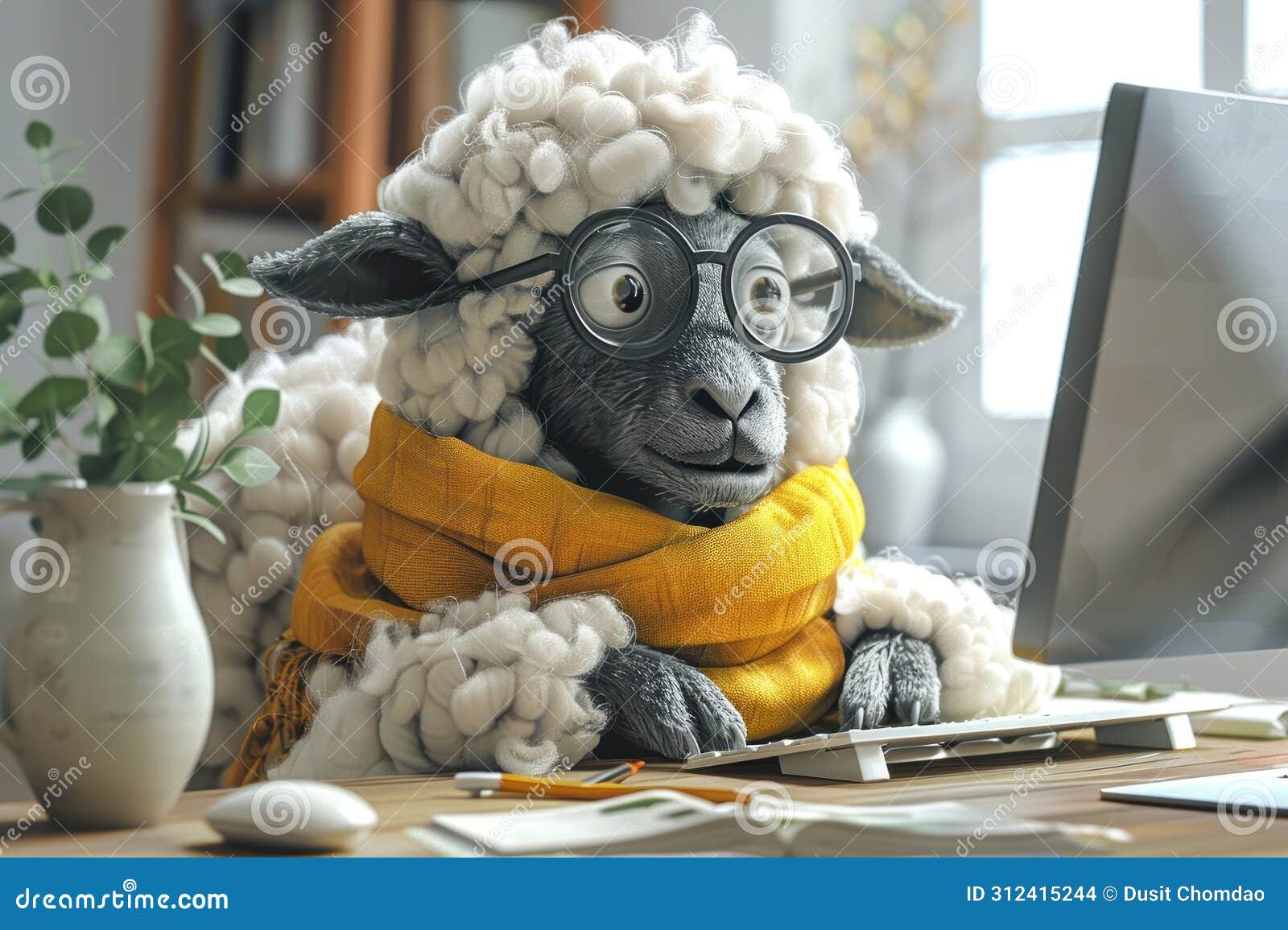 A Sheep Wearing Glasses Using Computer Stock Photo - Image of amigurumi ...