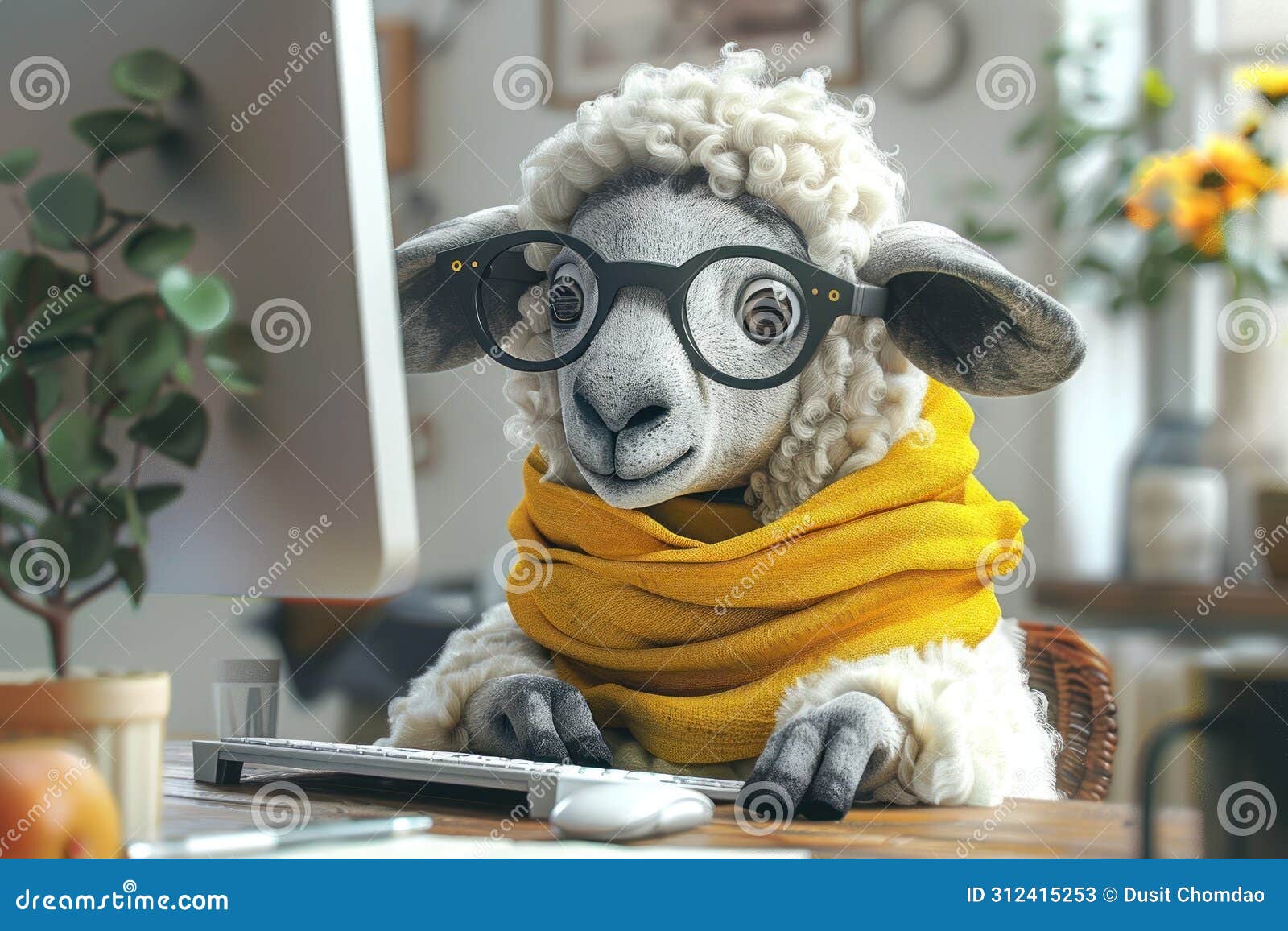 A Sheep Wearing Glasses Using Computer Stock Image - Image of white ...