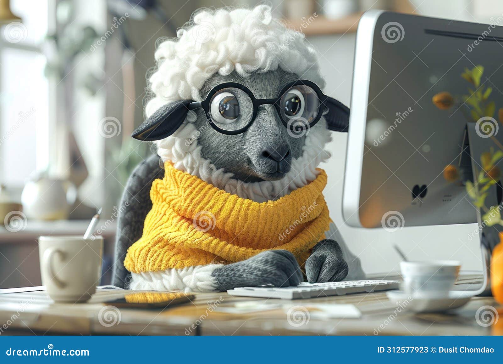 A Sheep Wearing Glasses Using Computer Stock Image - Image of doll ...