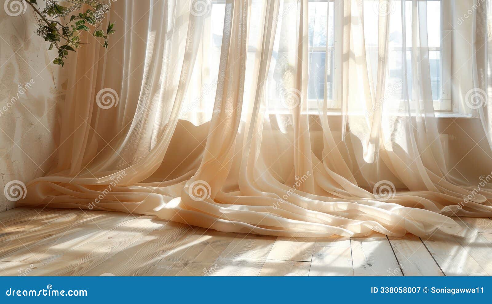 Sheer Curtains Flow Gracefully, Casting Soft Light on a Wooden Floor ...