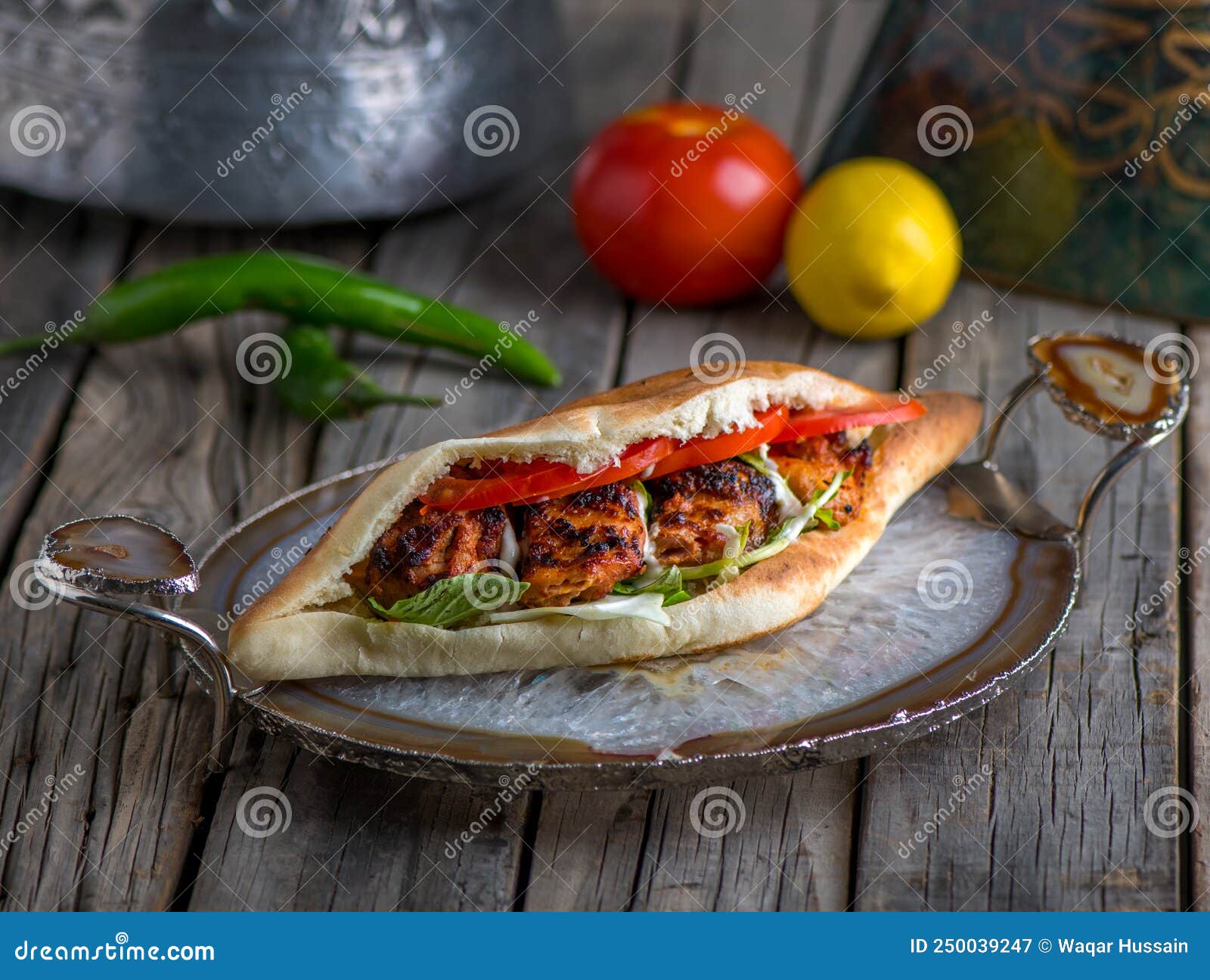Sheesh Taouk Sandwich Served in a Dish Side View on Wooden Table ...
