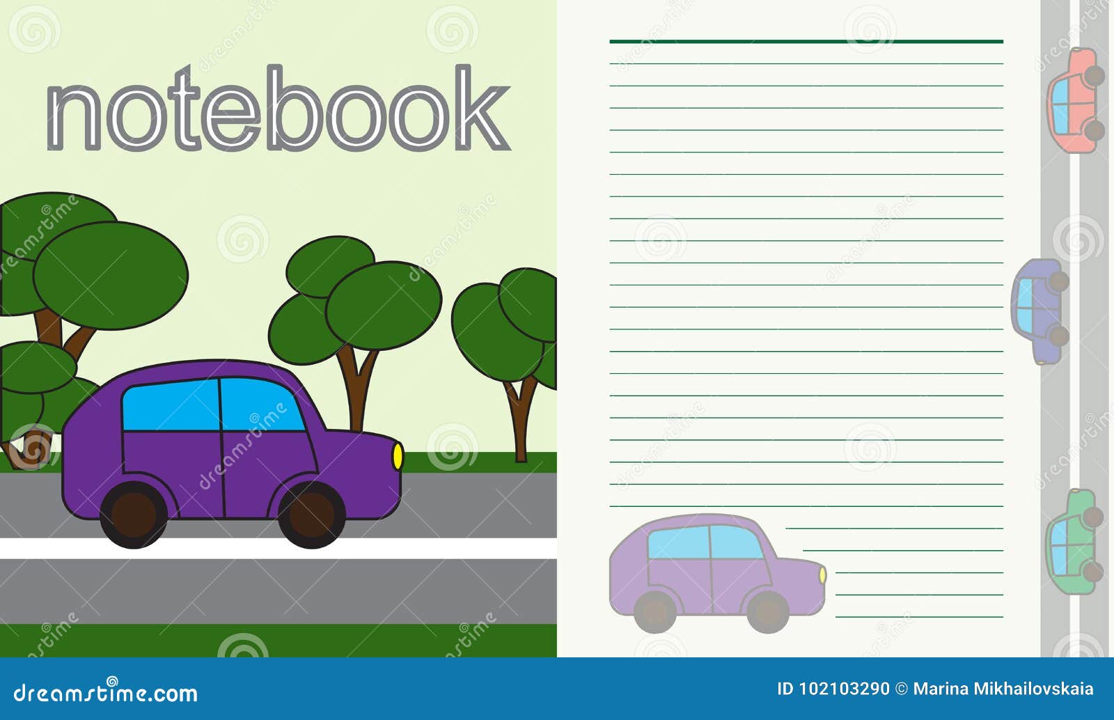 Sheet for Children`s Notebook. Car on the Road with Trees Stock Vector ...
