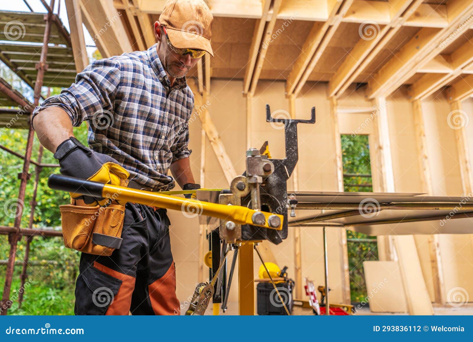 Sheet Metal Folding Machine Operating by Construction Worker Stock ...