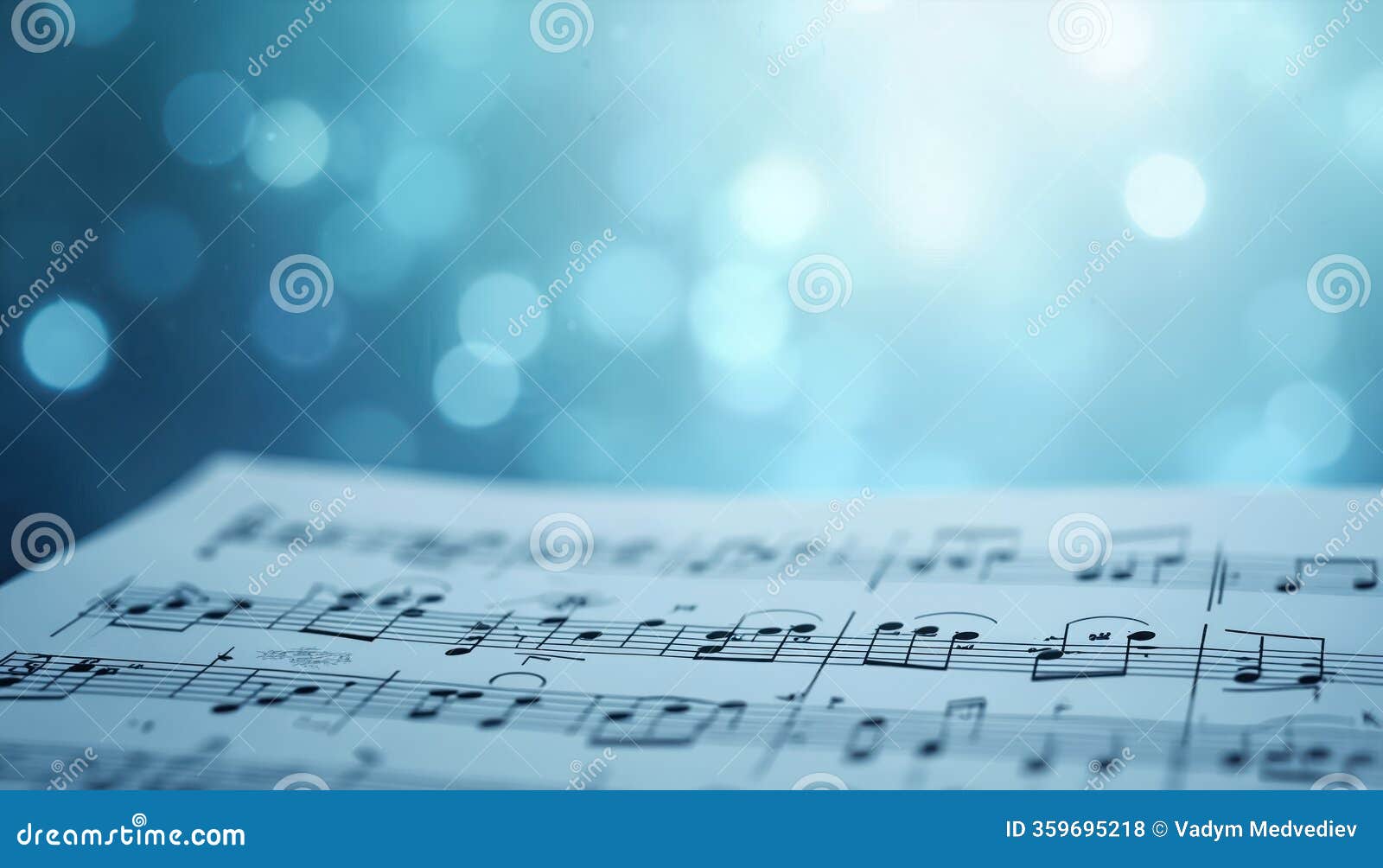 Sheet Music with Musical Notes Lies on Surface with Blurred Light Blue ...