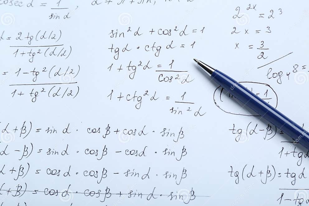 Sheet of Paper with Different Mathematical Formulas and Pen, Top View ...