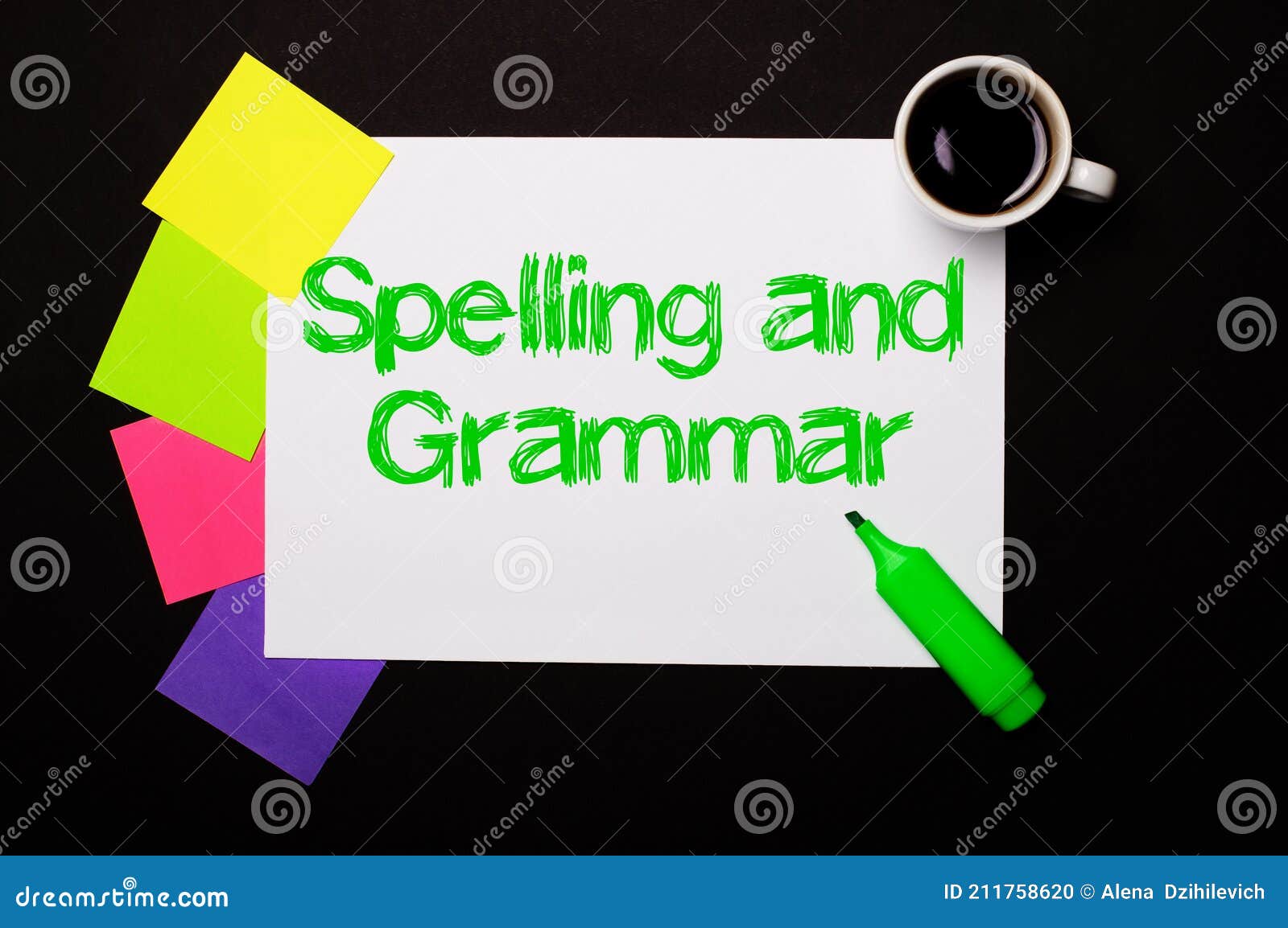 A Sheet of Paper with the SPELLING and GRAMMAR, a Cup of Coffee, Bright ...