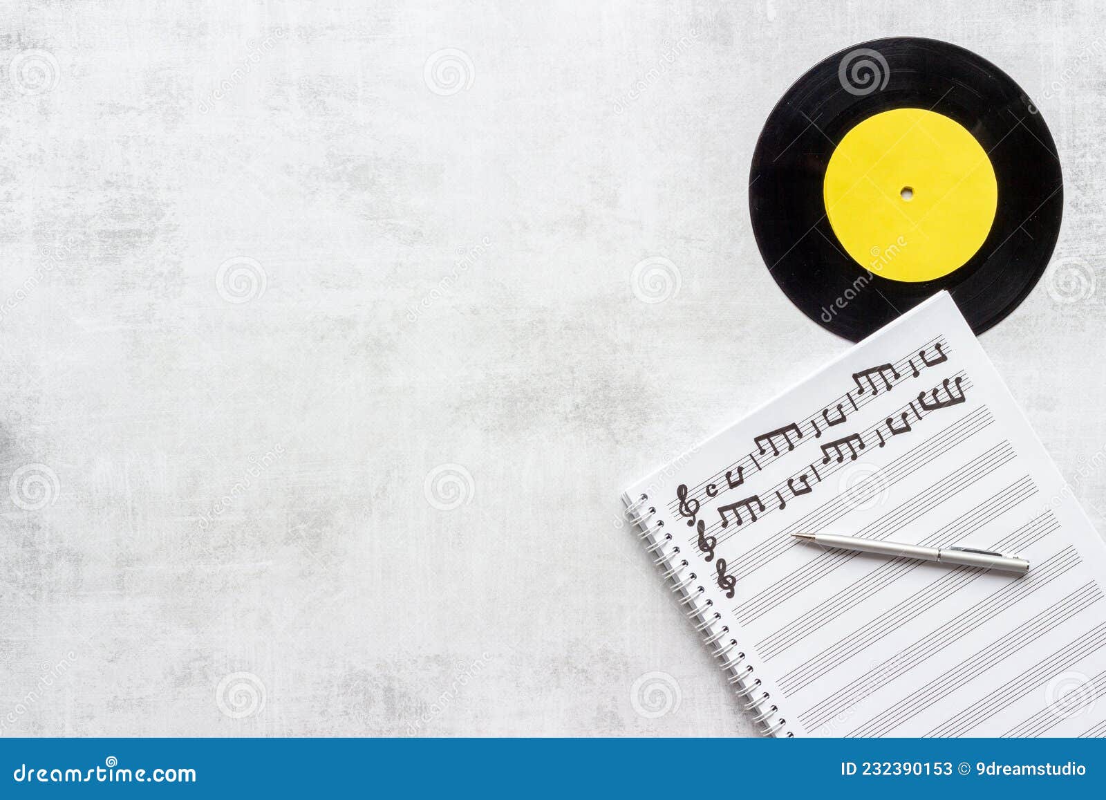 Sheets with Music Notes and Vinyl Record. Compose Music Concept Stock ...