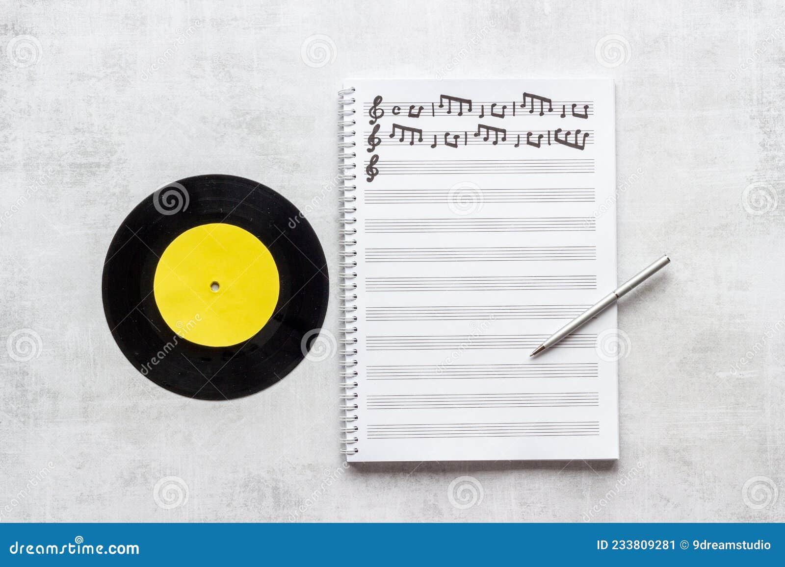 Sheets with Music Notes and Vinyl Record. Compose Music Concept Stock ...