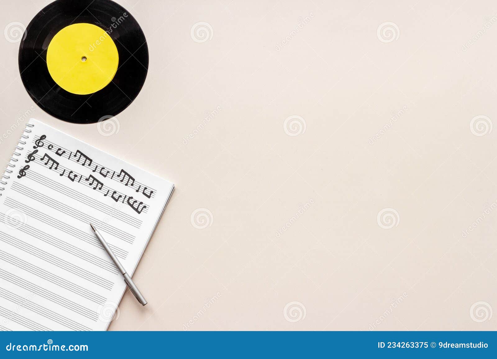 Sheets with Music Notes and Vinyl Record. Compose Music Concept Stock ...