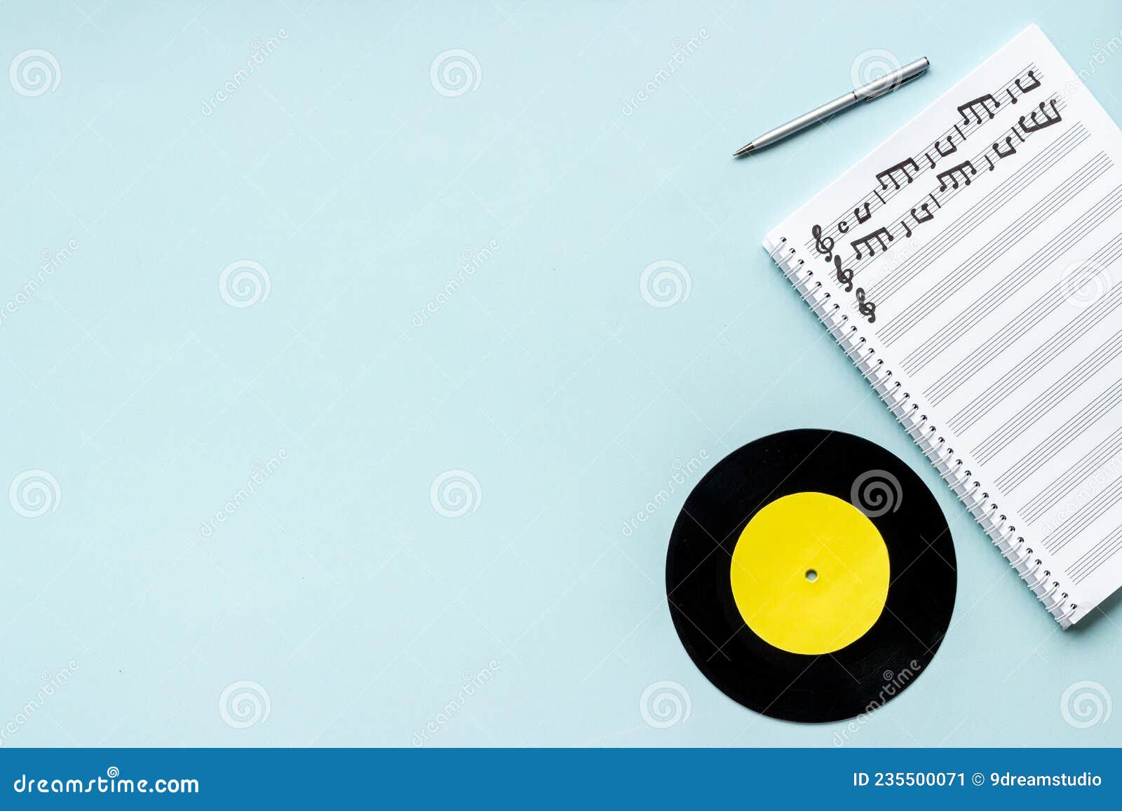 Sheets with Music Notes and Vinyl Record. Compose Music Concept Stock ...