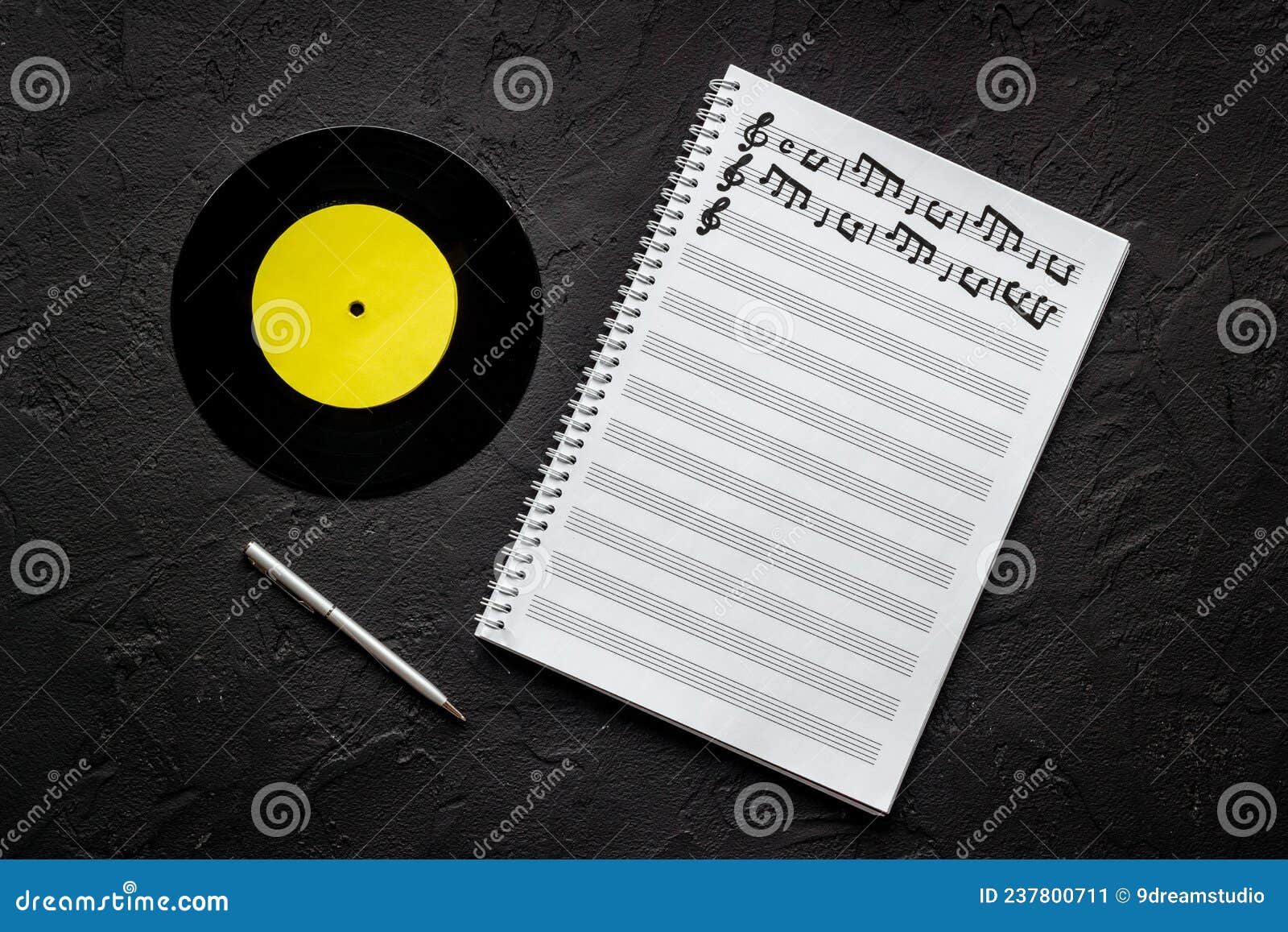 Sheets with Music Notes and Vinyl Record. Compose Music Concept Stock ...