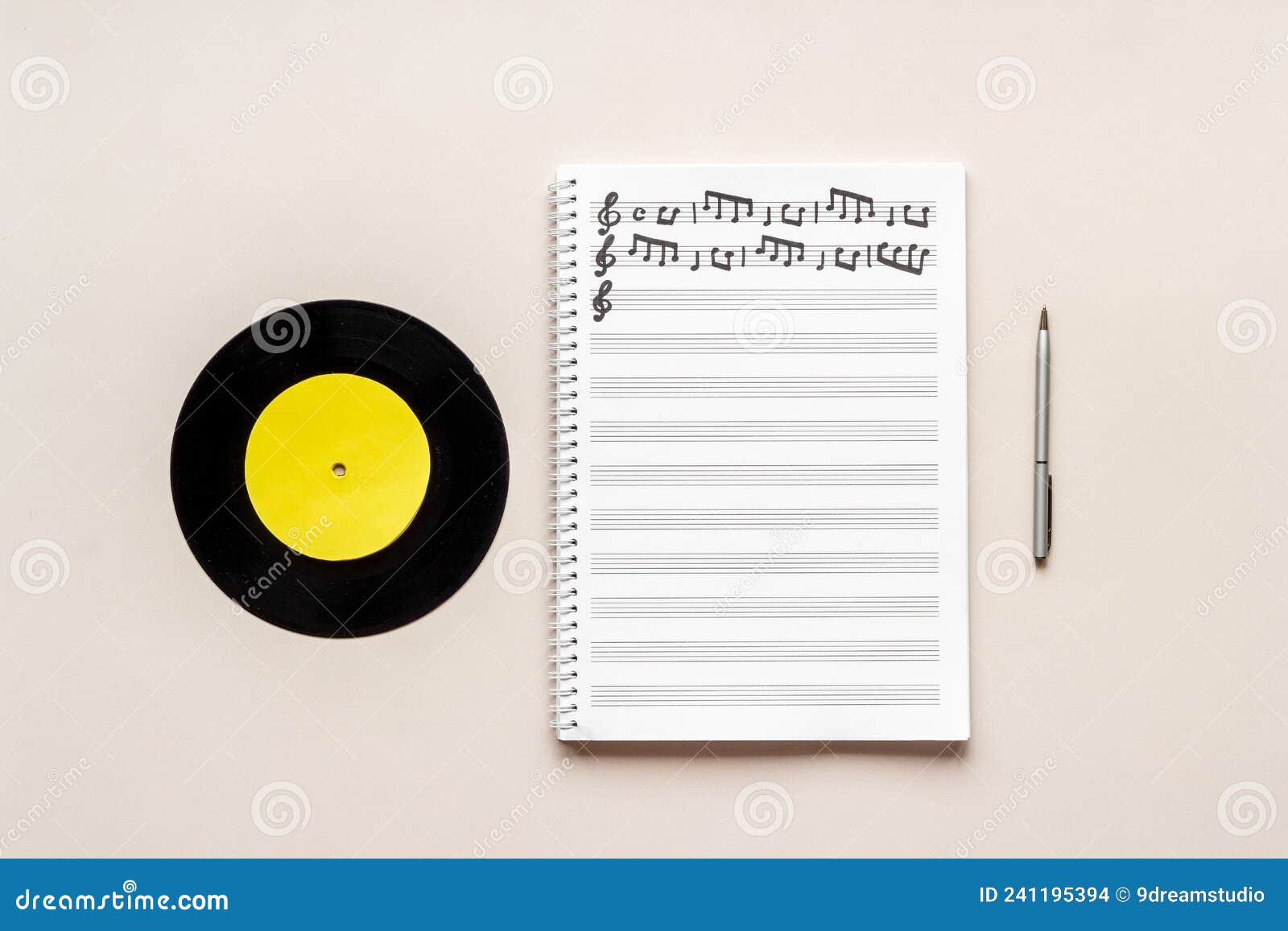 Sheets with Music Notes and Vinyl Record. Compose Music Concept Stock ...