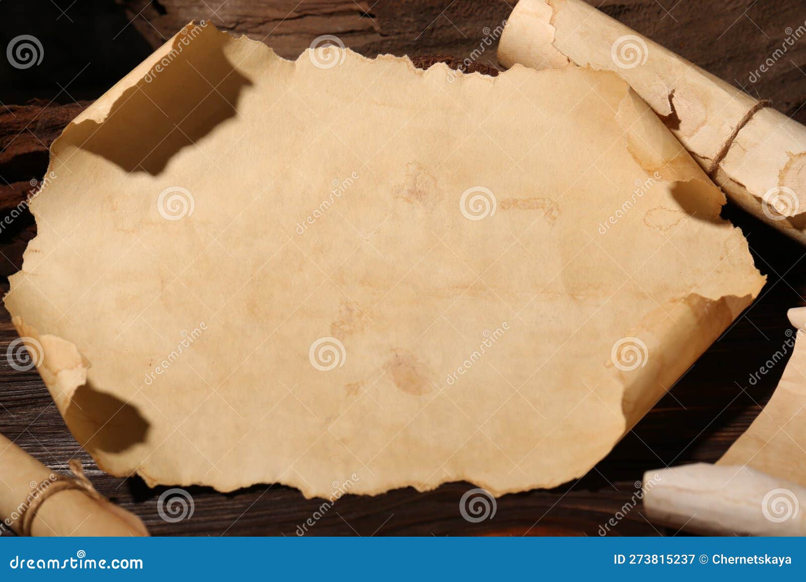 Sheets of Old Parchment Paper on Wooden Table Stock Image - Image of ...