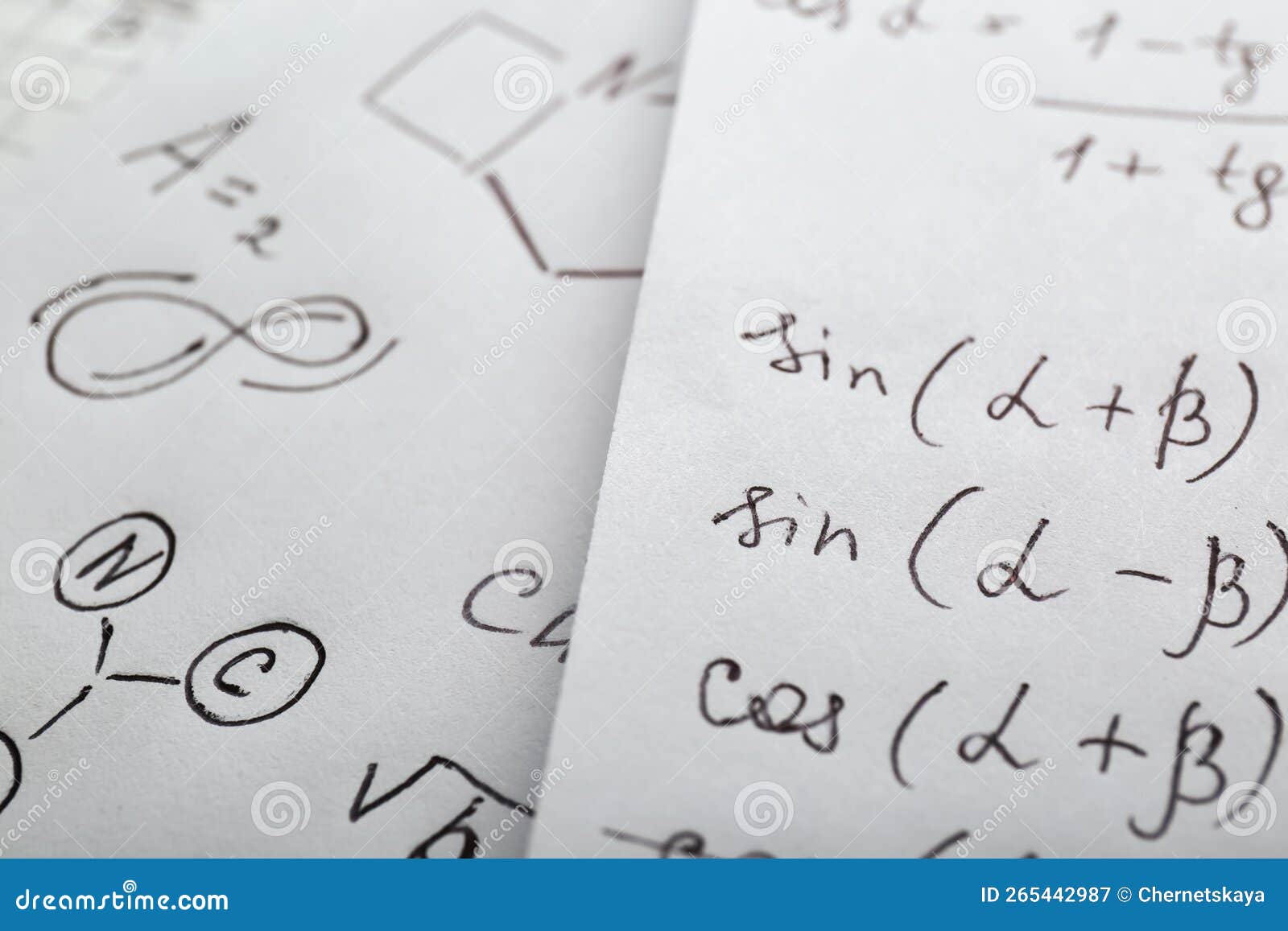 Sheets of Paper with Different Mathematical Formulas, Closeup Stock ...