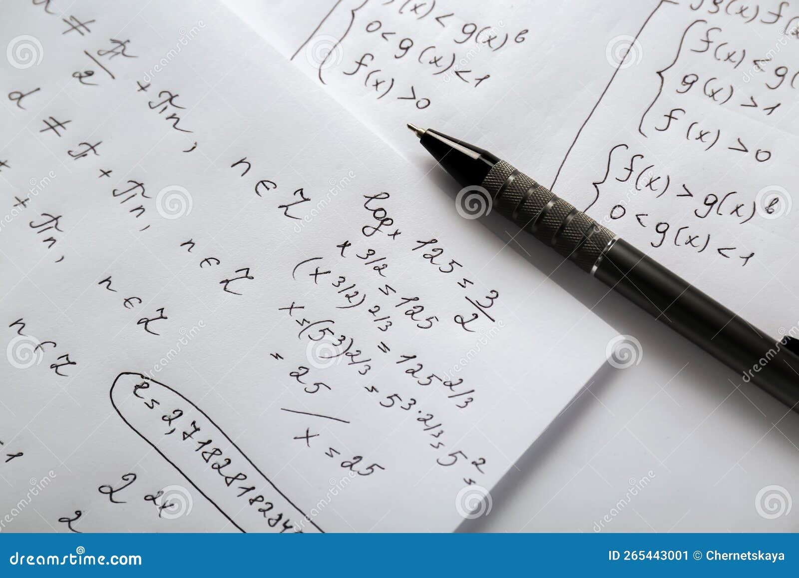 Sheets of Paper with Different Mathematical Formulas and Pen, Above ...