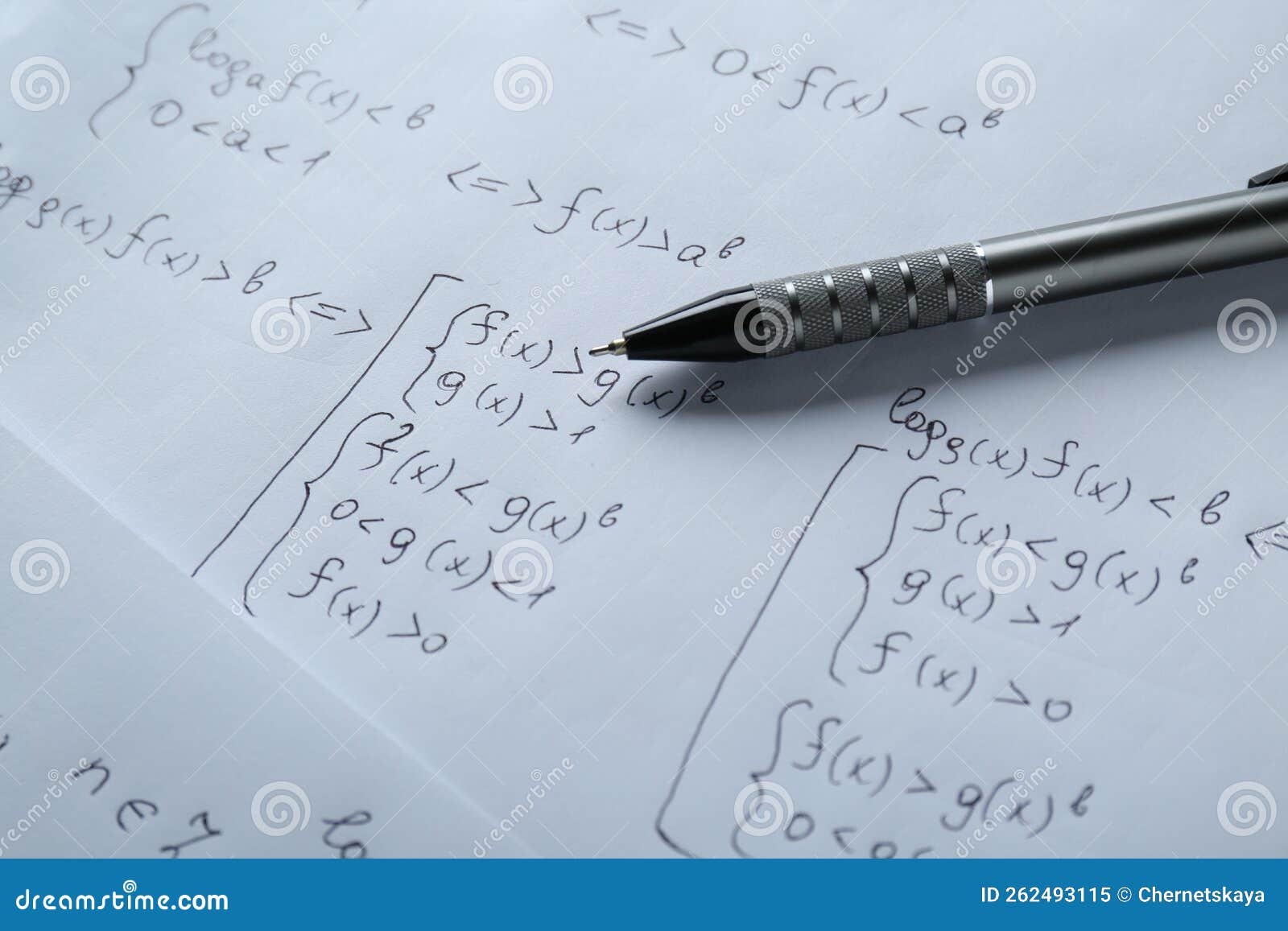 Sheets of Paper with Different Mathematical Formulas and Pen, Closeup ...