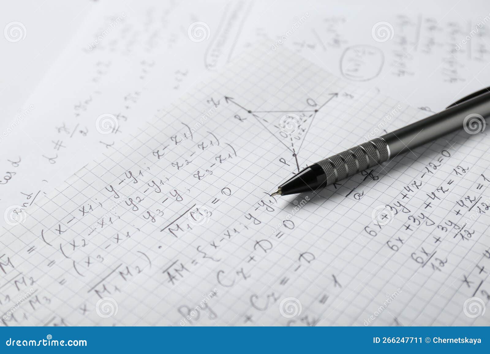 Sheets of Paper with Different Mathematical Formulas and Pen, Closeup ...