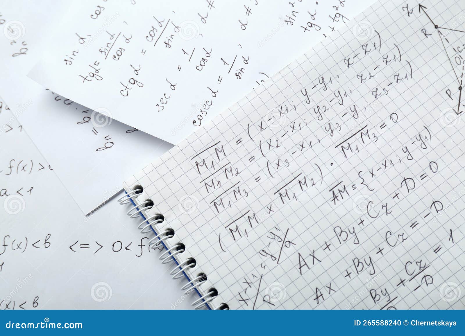 Sheets of Paper with Different Mathematical Formulas, Top View Stock ...