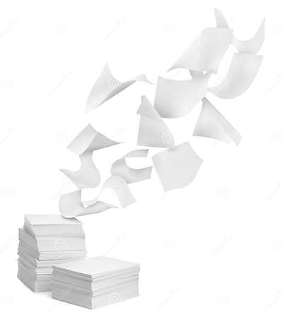 Sheets of Paper Falling Onto Stacked Ones on White Background Stock ...