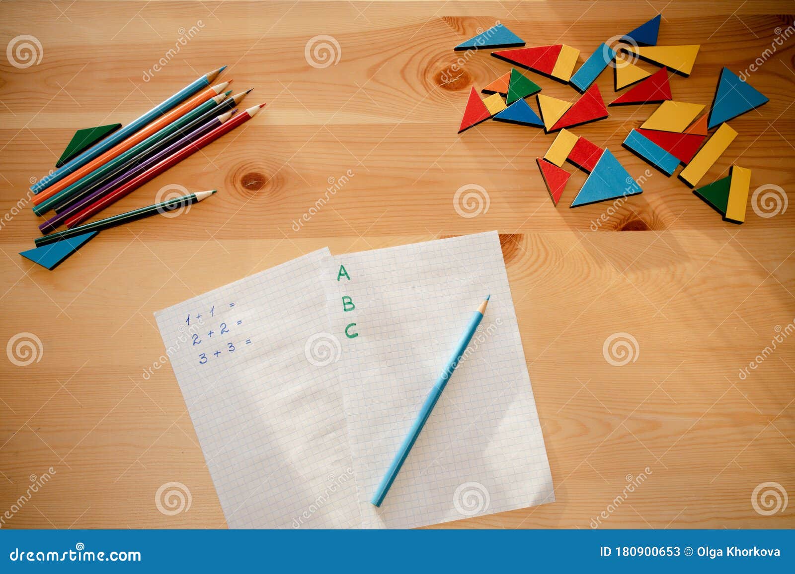 Sheets of Paper with Math and Writing Tasks on a Wooden Table Stock ...