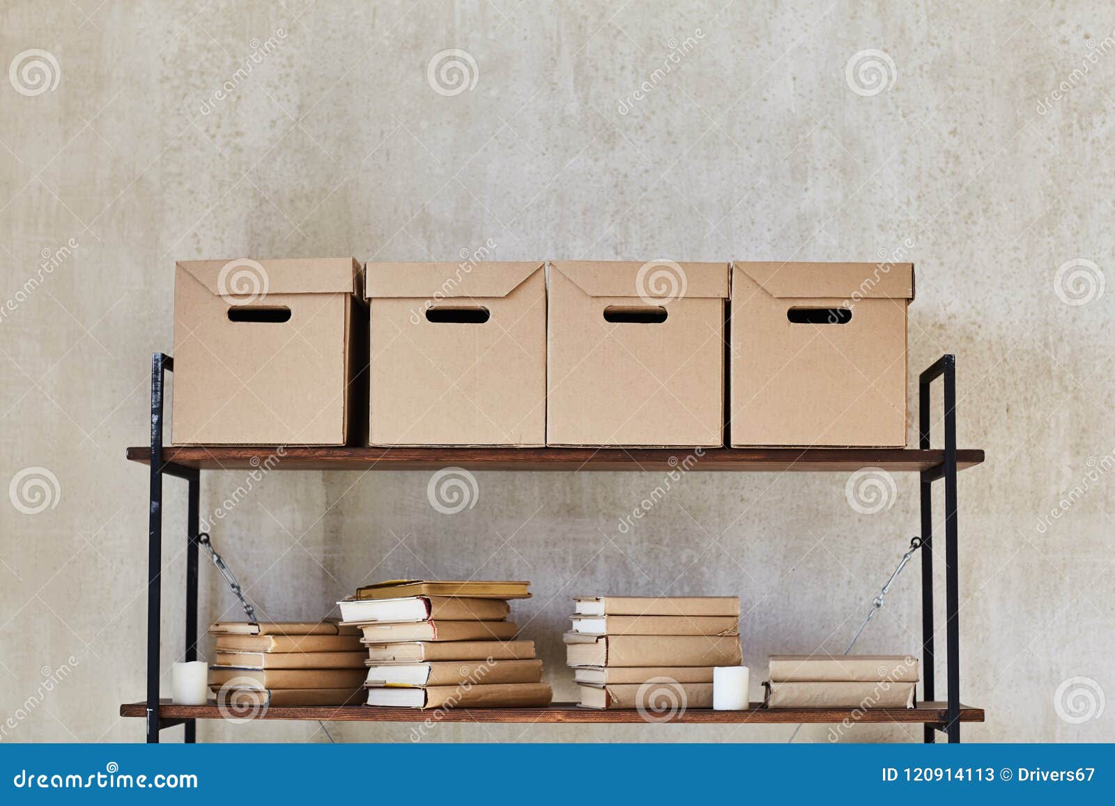 Shelf with boxes and books stock image. Image of information - 120914113