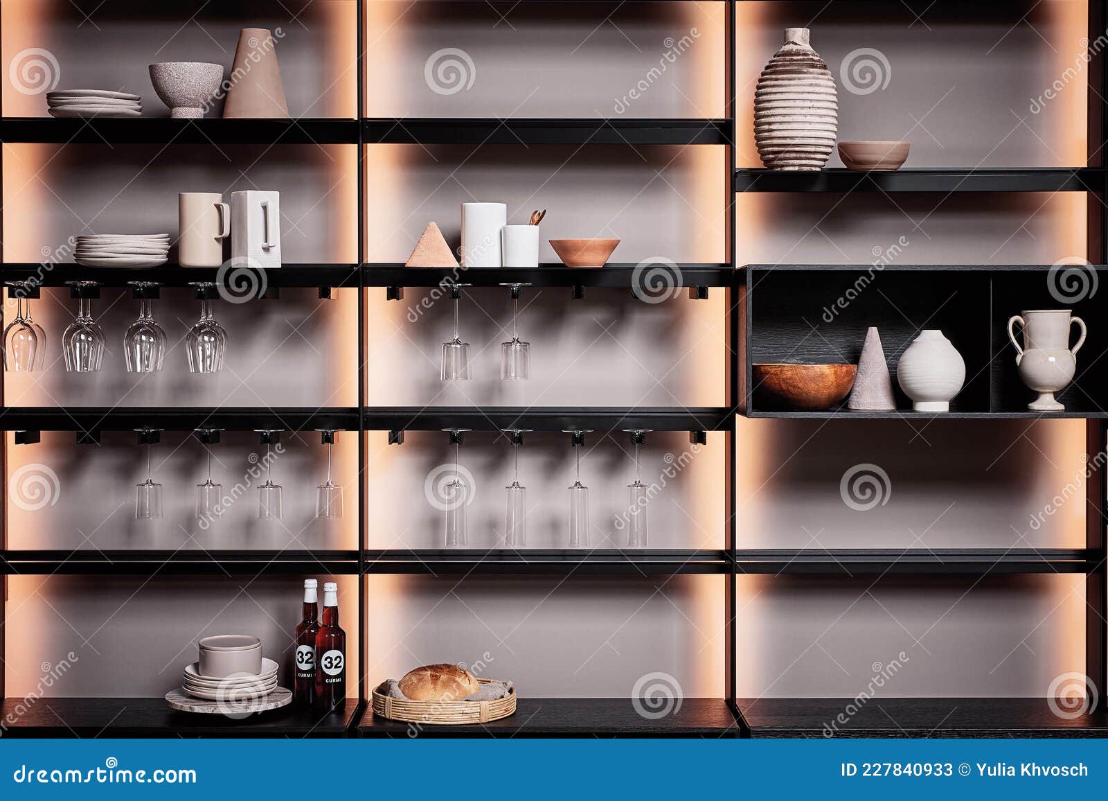 Shelf with Dishware. Modern Kitchen Interior. Stock Image - Image of ...