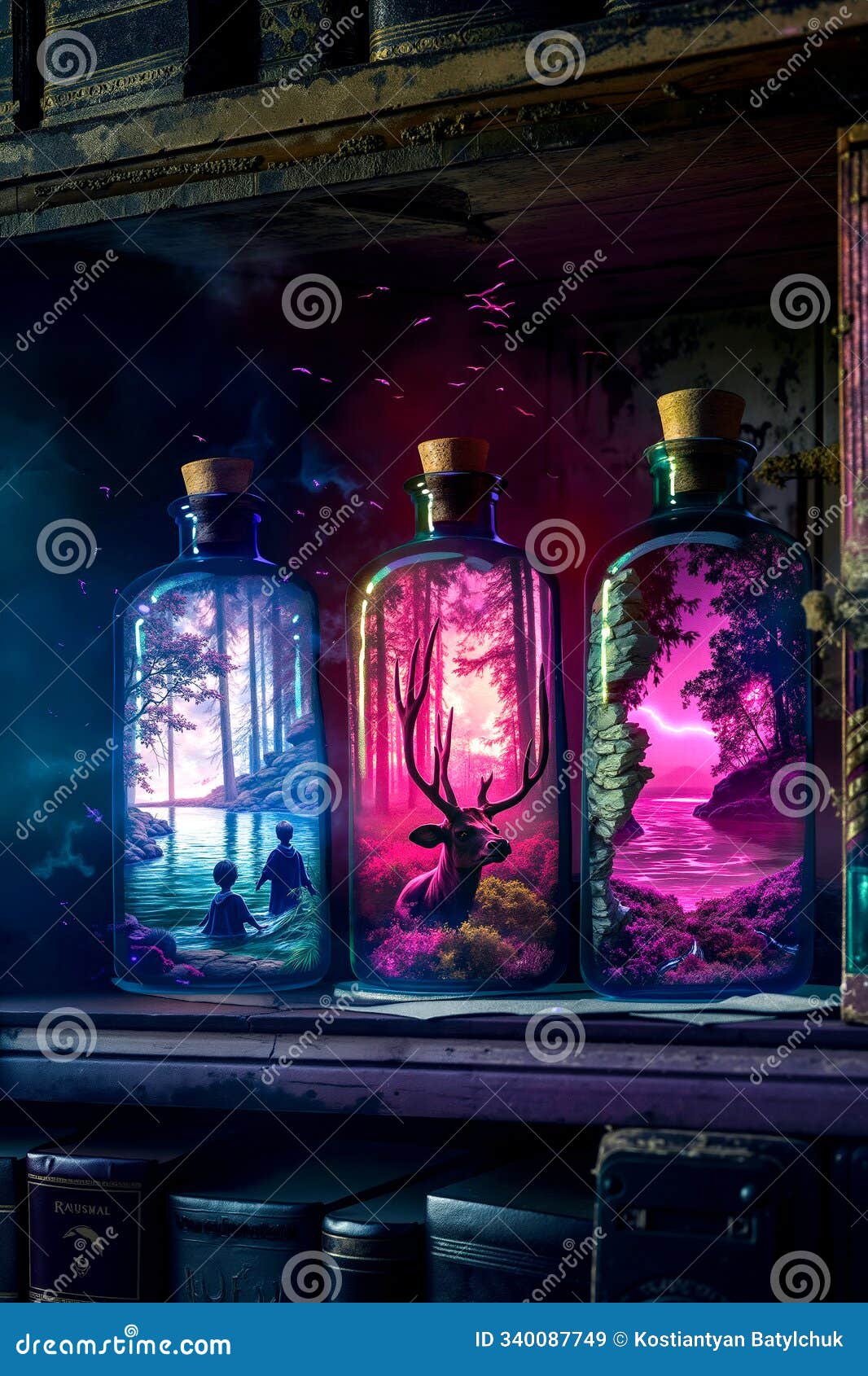 A Shelf Filled with Books and Bottles Filled with Different Types of ...