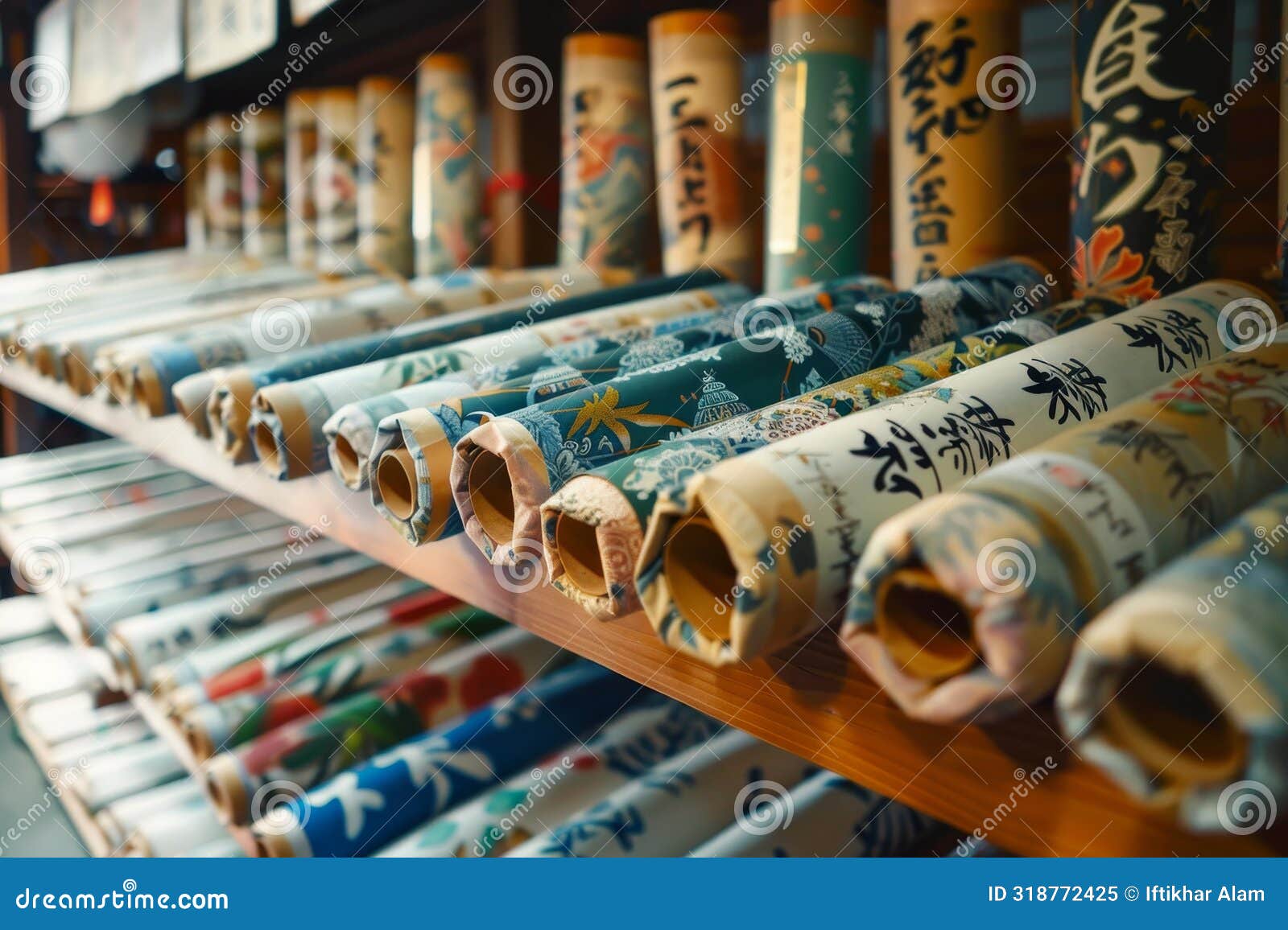 A Shelf Filled with Numerous Rolls of Paper, Likely Calligraphy Scrolls ...