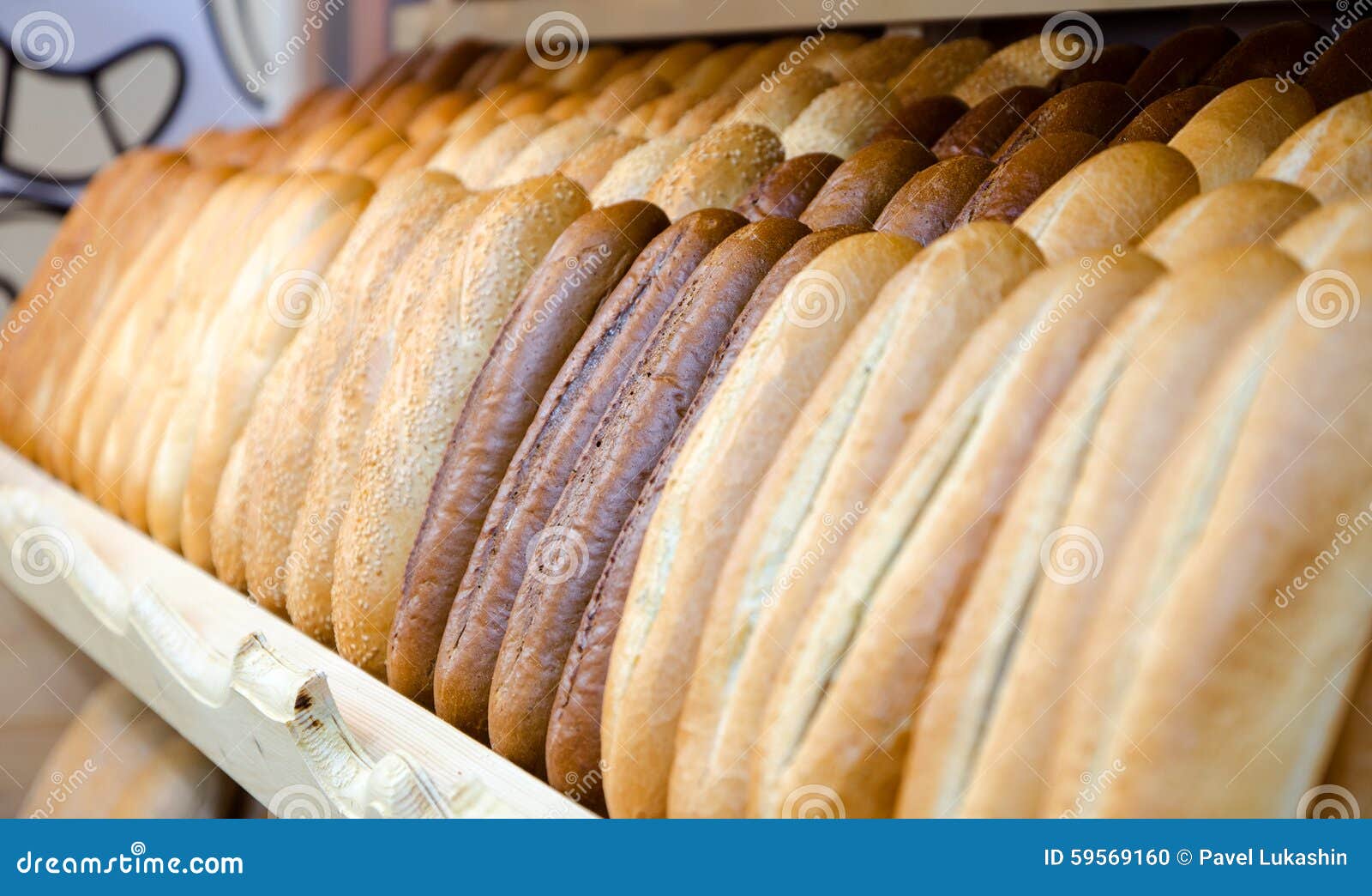 Shelf with Fresh White Bread Stock Photo - Image of white, counter ...