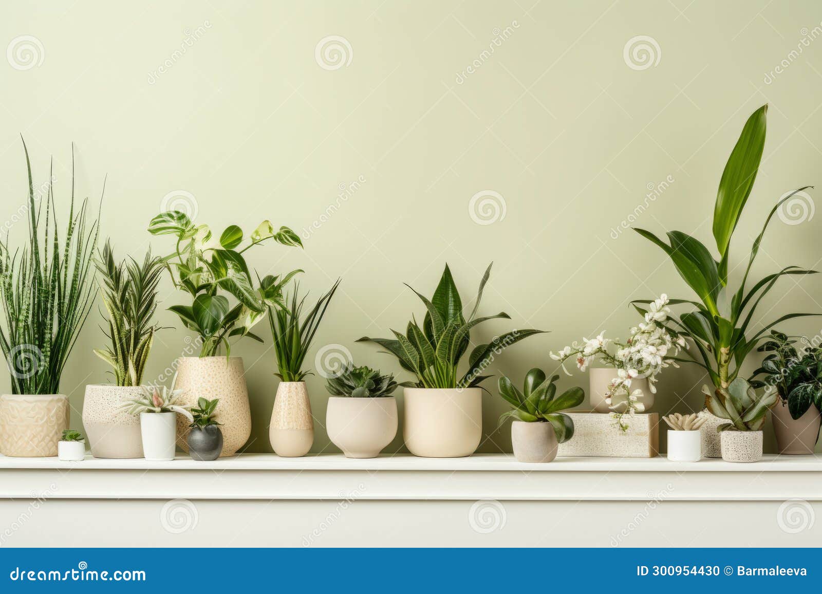 Shelf with Group of Houseplants on Light Wall. Minimal Composition ...