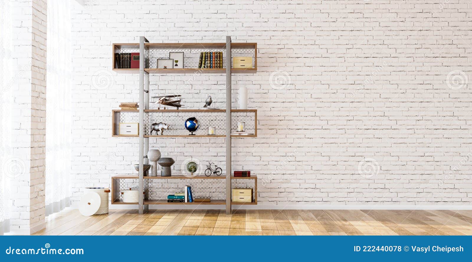 Shelf on Mock Up Brick Wall Background in the Empty Room, 3d Render ...
