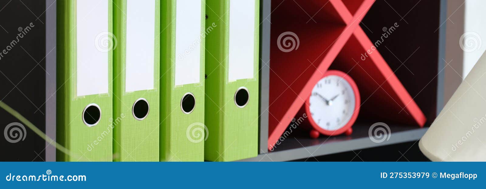 Shelf with Office Folders with Documents and Alarm-clock Stock Image ...